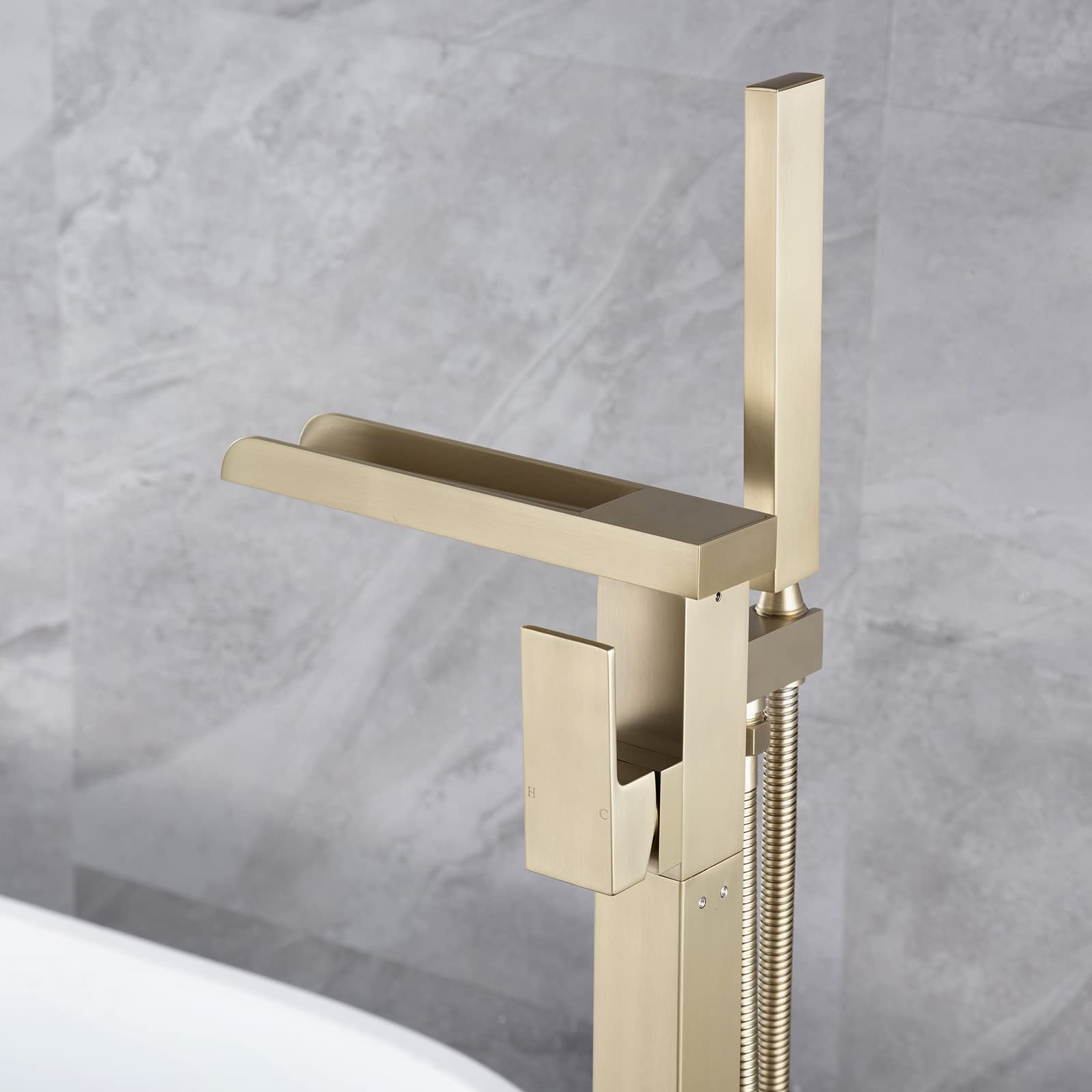 Waterfall Tub Filler Freestanding Bathtub Faucet Brushed gold Floor Mount Brass Single Handle tub Faucets with Hand Shower