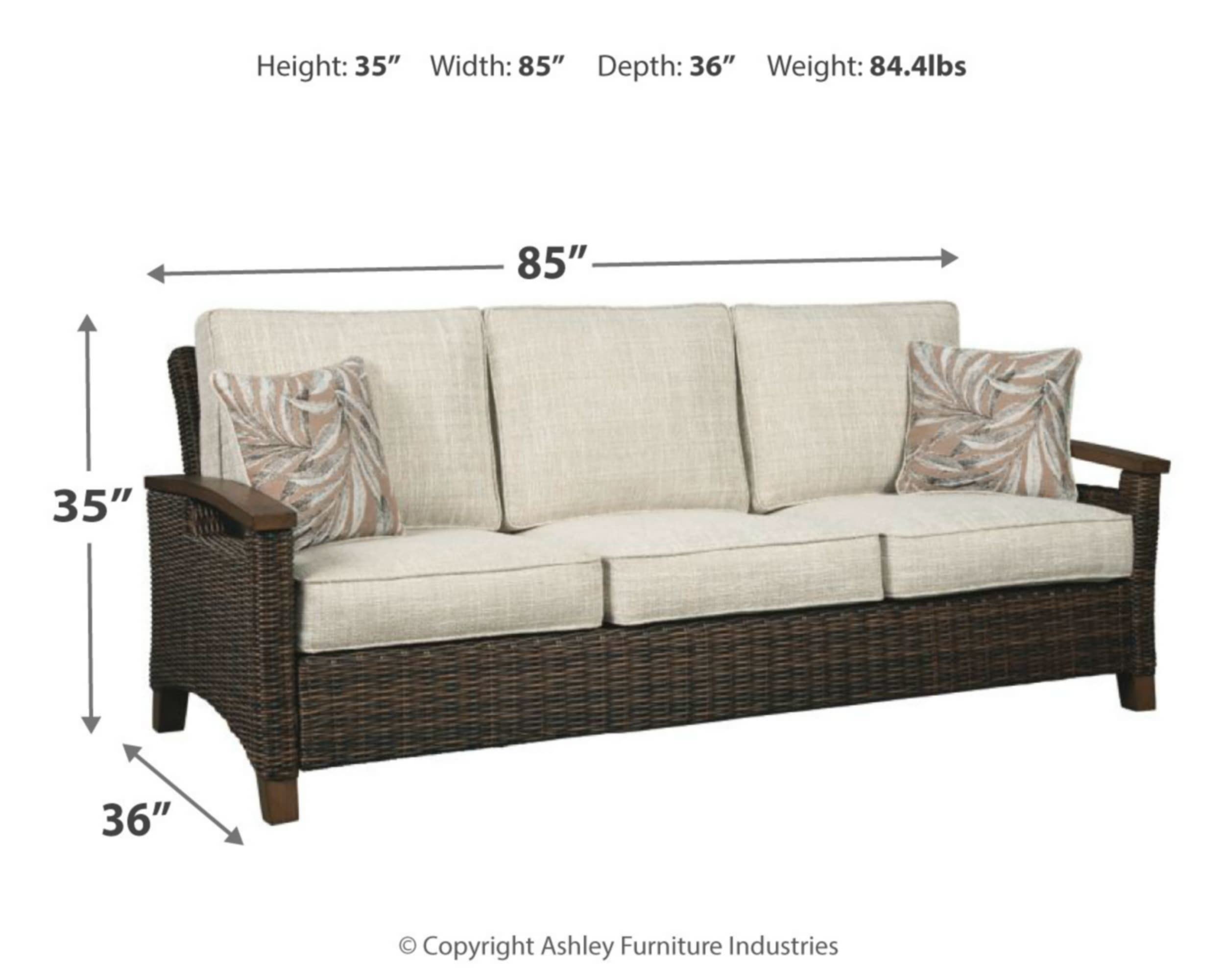Signature Design by Ashley Paradise Trail Outdoor Patio Sofa with Cushion, 2 Pillows and Square End Table, Brown & Beige
