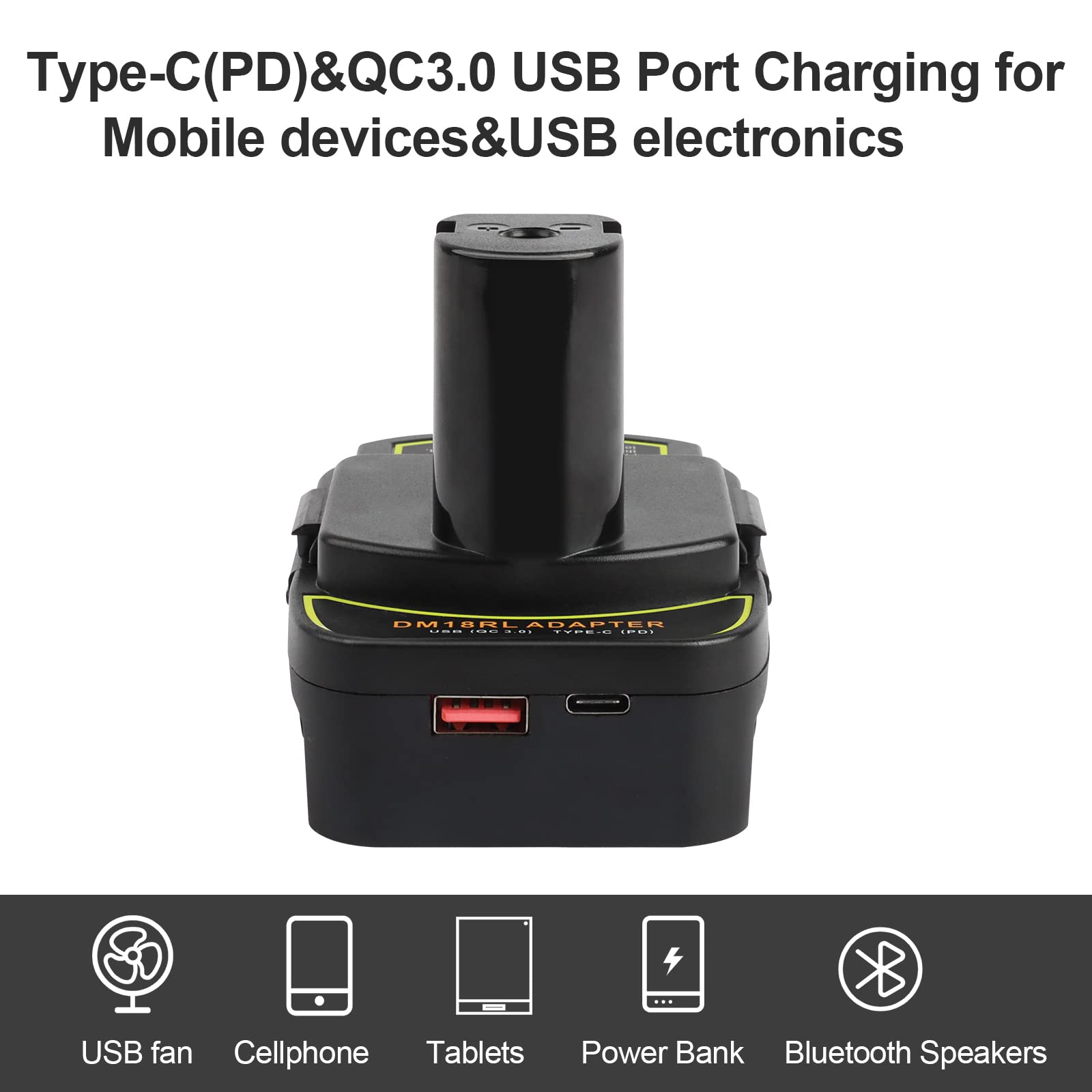 ZLWAWAOL 2 Pack DM18RL Battery Adapter Converter with USB Socket & Type-C Compatible for Dewalt 20V & Milwaukee M18 Li-Ion Battery Convert to Ryobi 18V P108 ABP1801 Battery