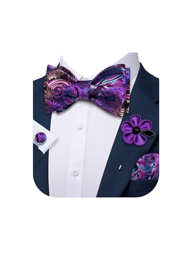 YOHOWA Mens Bow Tie Set with Lapel Pin Brooch Purple Blue Silk Self Tie Bowtie Handkerchief Cufflinks Formal Wedding Party Prom