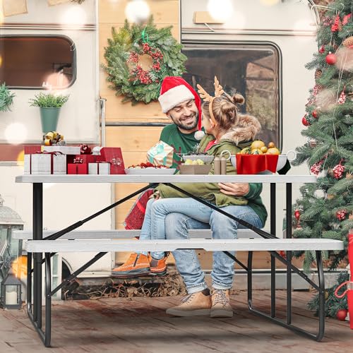 YITAHOME Folding Picnic Table w/Easy Assembly Steel Frame & Wood Like Tabletop, All Weather Folding Picnic Tables with Benches Ideal for Yard Patio Lawn Party, White