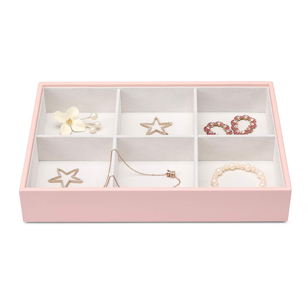 Vlando Miller Jewelry Tray-Six compartment,Multiple Color Combinations, Large Capacity Multi-Layer Design and Fashion(Pink)