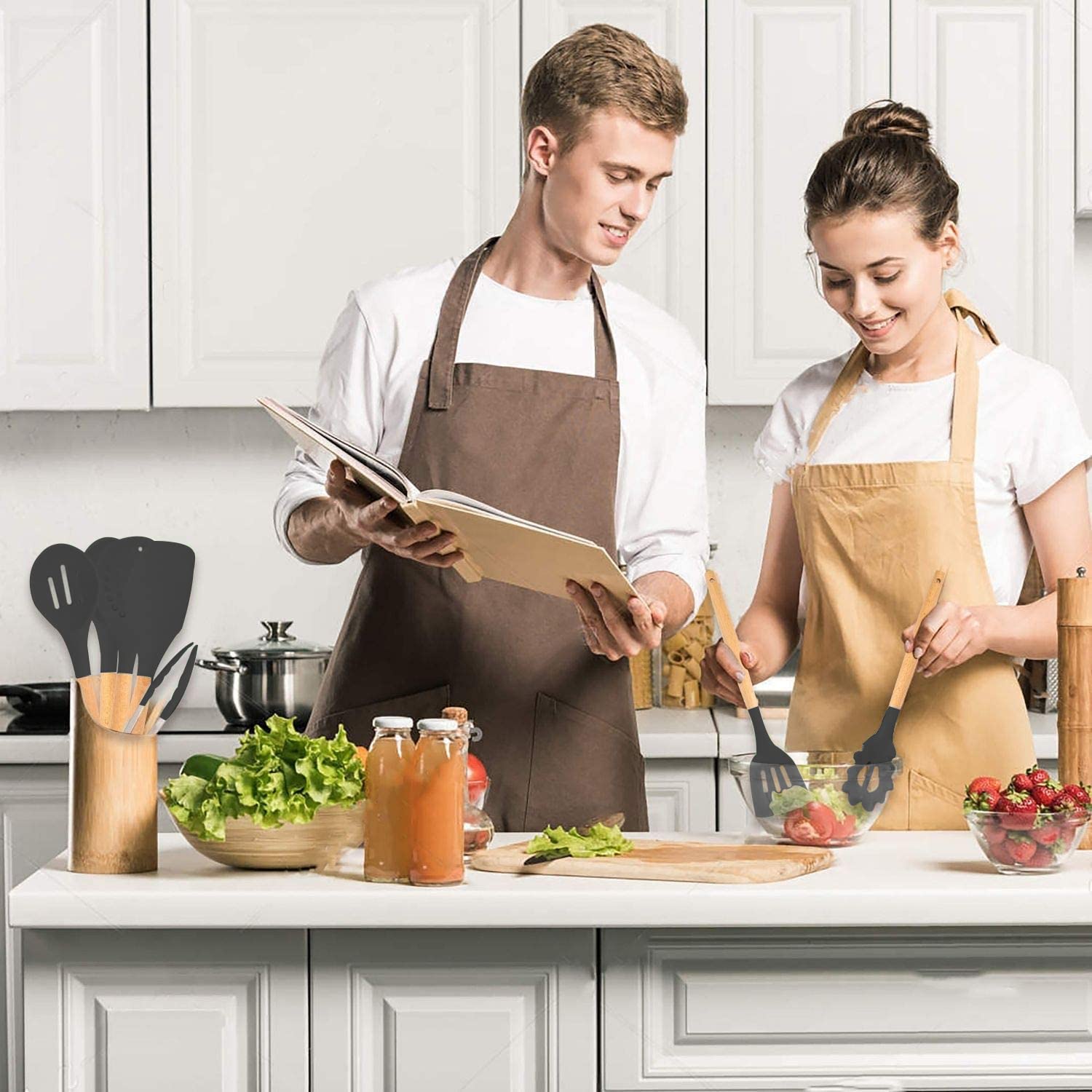 Silicone Cooking Kitchen Utensils Set with Holder. 13 Pc Black Cooking Utensils Set - Heat-Resistant Wooden Handles. BPA free Silicone. Non-stick Cookware
