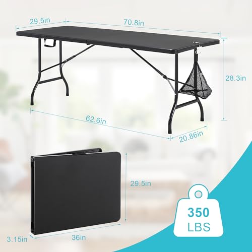 VECELO 6Ft Plastic Folding Table Heavy Duty Indoor Outdoor Portable Picnic Foldable Desk with Handle Mesh Trash Bag&Lock Legs for Camping, Dining&Party,Black