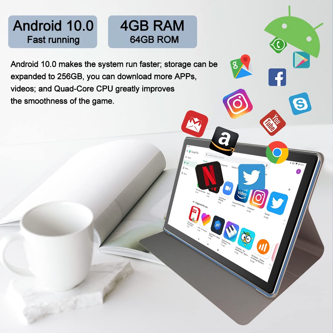 ZONMAI Tablet 10 Inch Android 10 5G WiFi, 2 in 1 Tablets with 1.6GHz Quad-Core Processor, 4GB RAM 64GB ROM, 10.1'' 1280x800 IPS HD Display, 8MP Camera, Bluetooth Keyboard Tablet PC