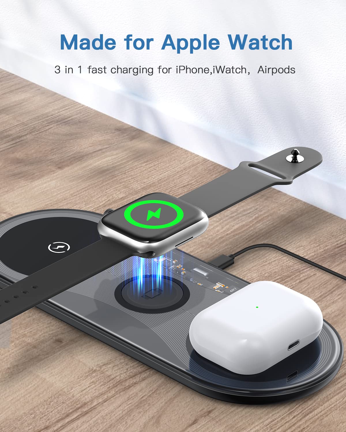 Wireless Charging Pad, TELSOR Portable Wireless Chargers for Multiple Devices, Wireless Charging Station for iPhone 15 14 13 12 11 Pro Max, for Apple Watch 8 7 6 5 4 3 2 SE, for AirPods Pro 3 2