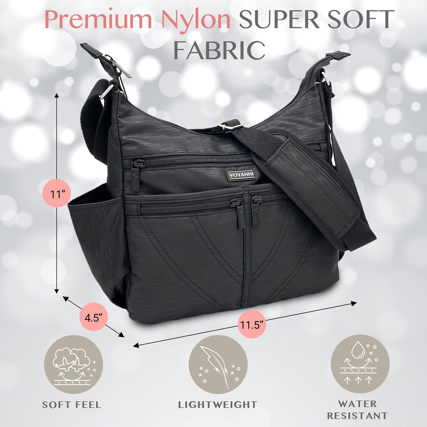 Voyanni Crossbody Bags for Women RFID AntiTheft Travel Purse Multi-Pocket Nylon Lightweight (Black)