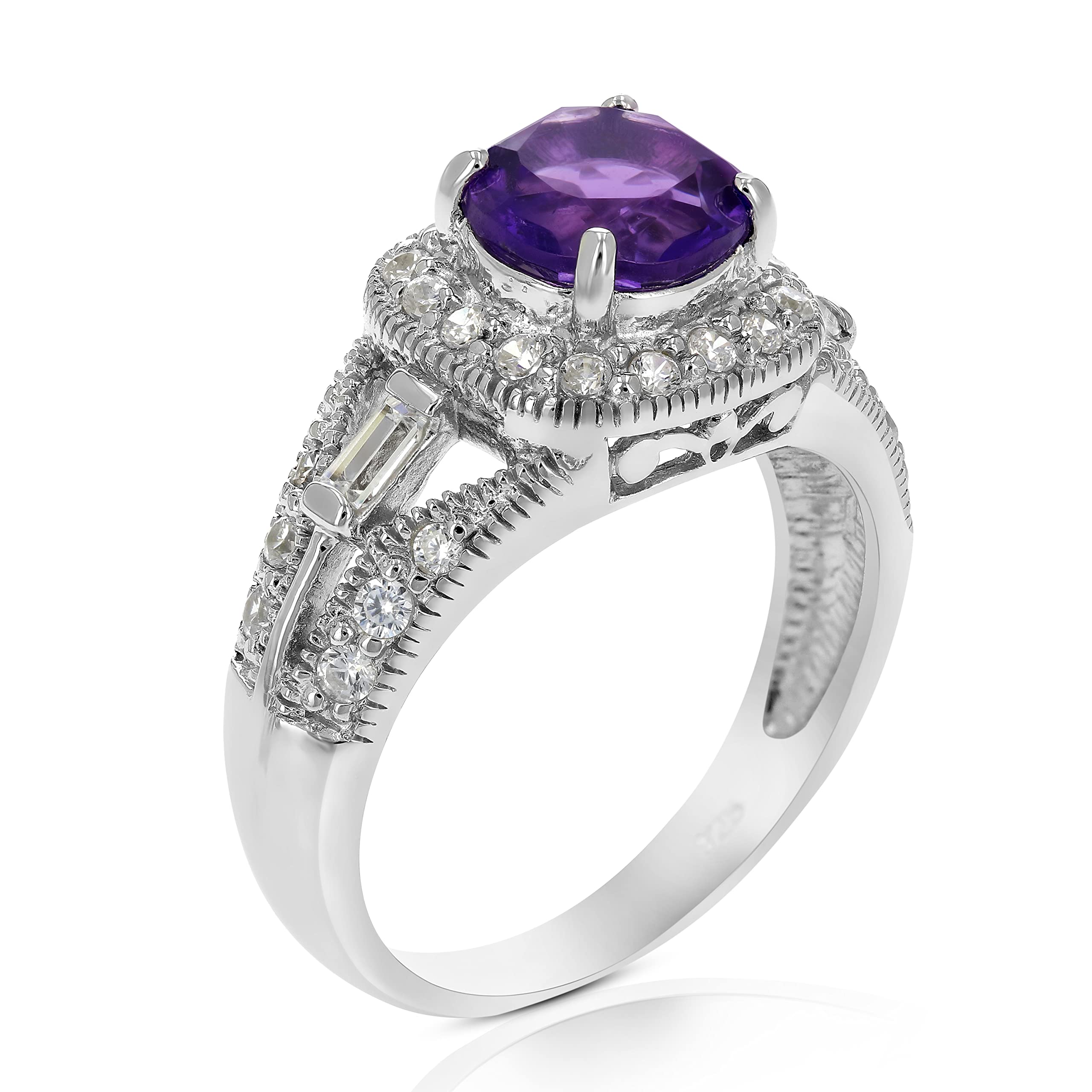VIR JEWELS 0.85 cttw Purple Amethyst Ring .925 Sterling Silver with Rhodium Round 7 MM Size 7