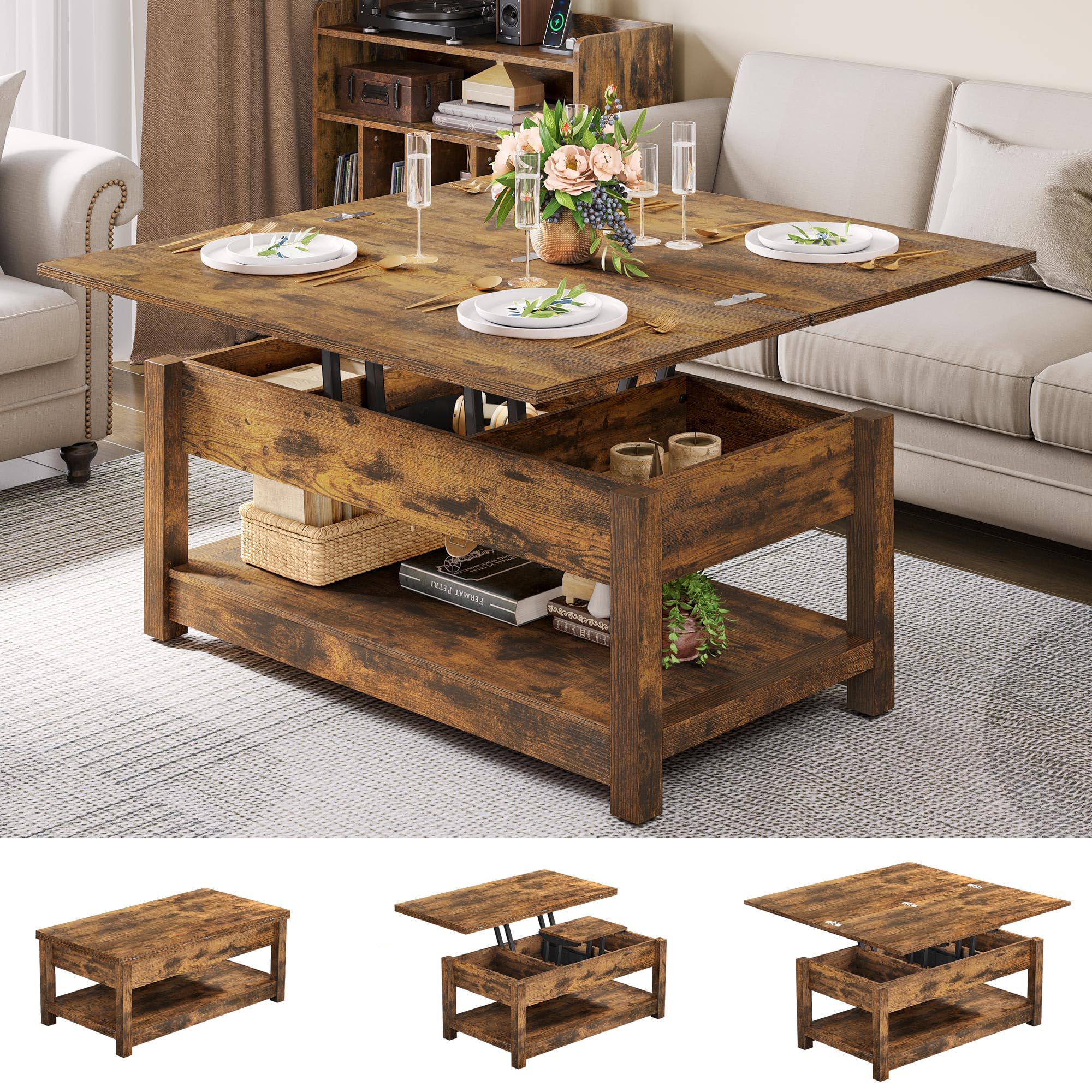 YITAHOME Lift Top Coffee Table, 3 in 1 Multi-Function Coffee Tables with Storage for Living Room, Farmhouse Modern Dining Table for Small Reception Room/Home Office,Rustic Brown