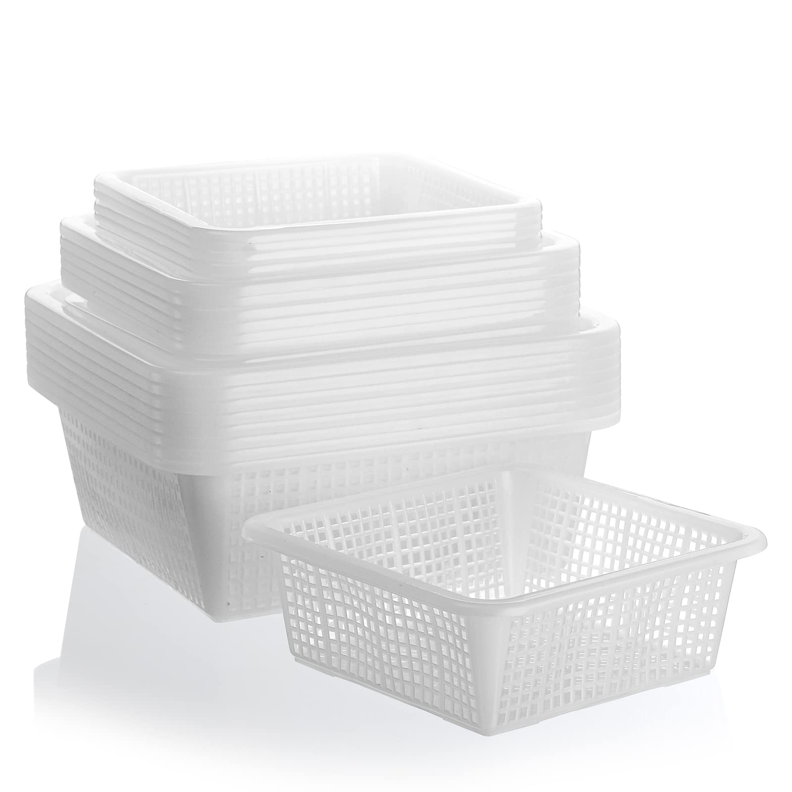 ZENFUN 24 Pieces Plastic White Storage Baskets, 3 Sizes Stackable Storage Bins Container Stationery, Small Tools, Cleaning Products, Space Saving