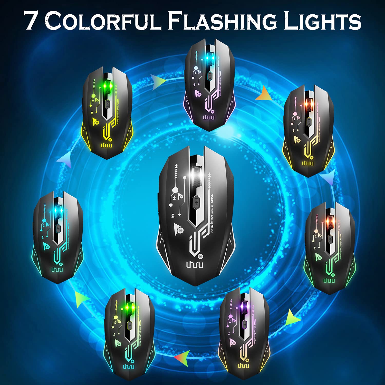 UHURU WM-02Z Wireless Gaming Mouse, 2.4G Wireless Rechargeable Mouse with 6 Programmable Buttons, 5 Adjustable Levels DPI Up to 4800DPI, 7 Colorful LED Lights, Compatible with Notebook, PC, Mac
