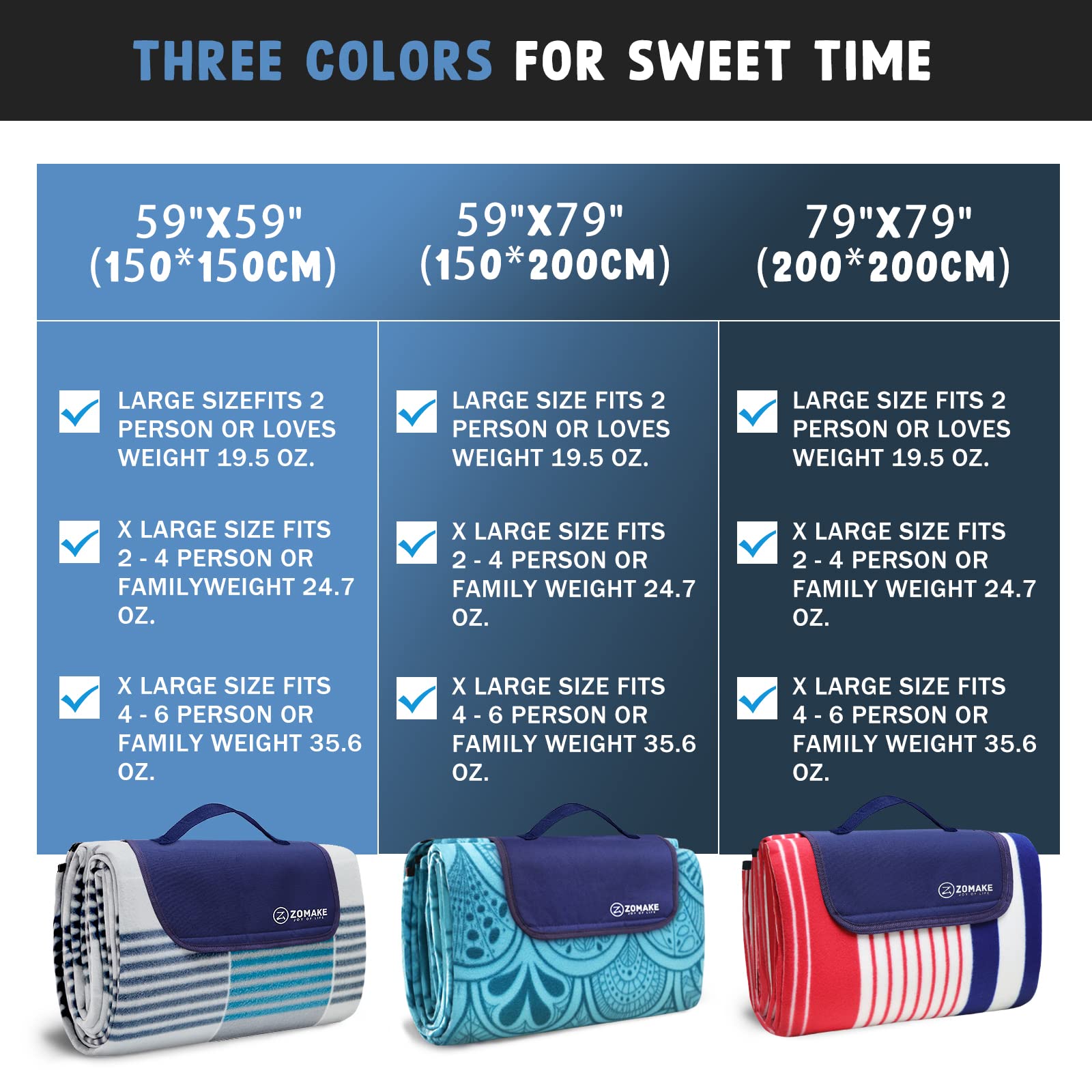 ZOMAKE Waterproof Picnic Blankets 79''x59'' - Extra Large Picnic Blanket for Outdoors - Foldable Picnic Mat with Straps - Portable Picnic Mats for picnic Camping(Peacock Blue)