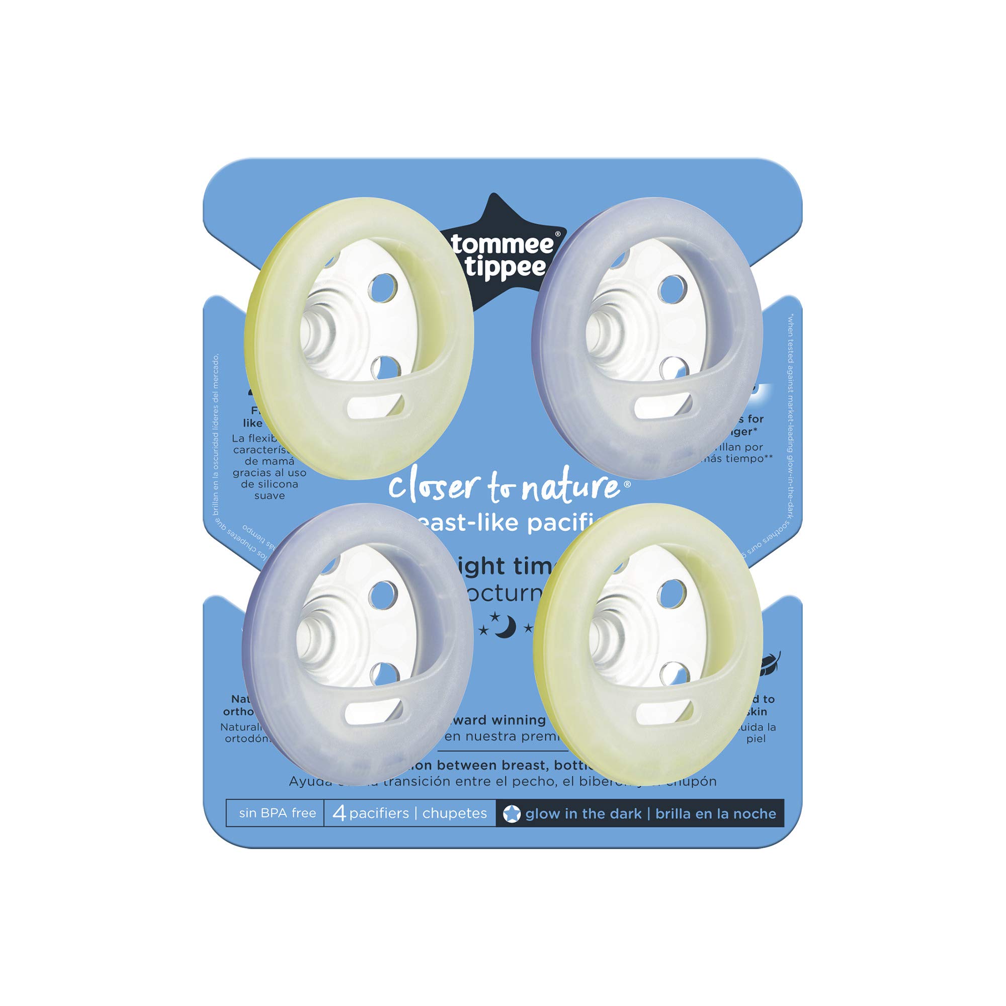 Tommee Tippee Breast-Like Night Pacifier, 6-18 Months with Breast-Like Shape and Glow in The Dark Technology, 4-Count, Blue/Yellow