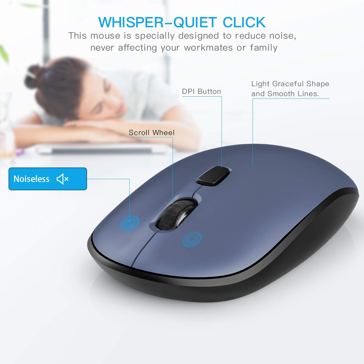 Wireless Keyboard and Mouse Combo, Energy Saving, Silent Slim Quick 2.4GHz Cordless USB Keyboard Mouse Set with Number Pad Independent On/Off Switch for PC Laptop Windows Mac (Black and Blue)