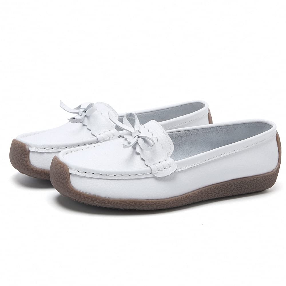YEASUMOE Women's Slip on Shoes Comfortable Flats Shoes Work Nurse Two-Layer Leather Casual Loafers 3313/Bai-42 White