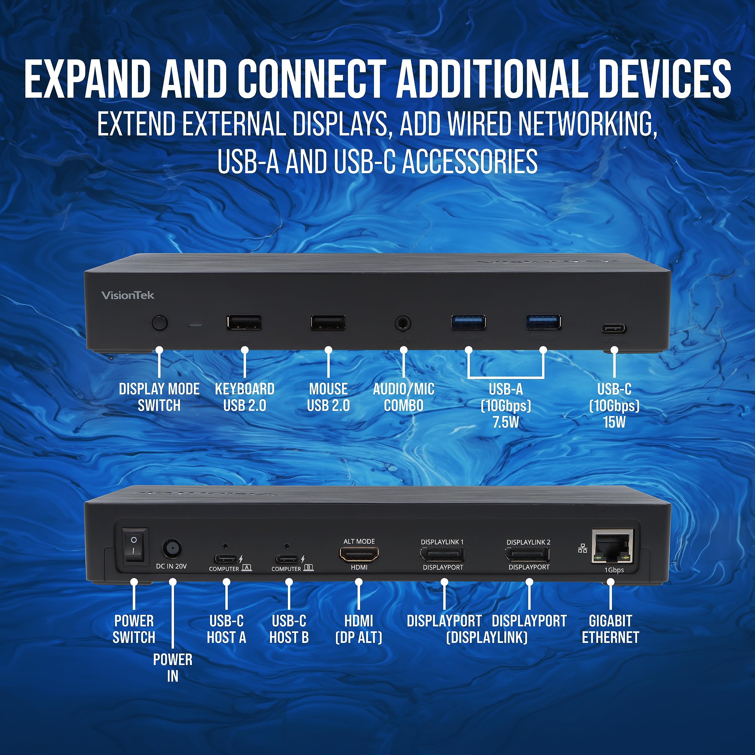 VisionTek VT4950 USB C KVM Docking Station - 1x HDMI, 2x DP, 4x USB, 1x USB-C, Audio, Ethernet, 100W PD to Each Host for Windows/MacOS
