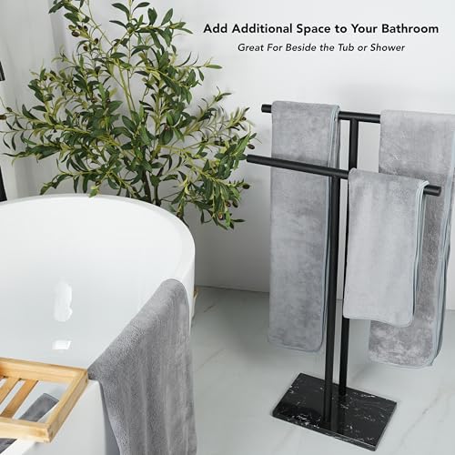 WISATO - Free Standing Towel Rack for Bathroom - Stand Alone 2 Tier Stainless Steel Towel Rack for Bathroom Floor with Heavy Marble Base & Matte Black Finish - Double T Shape Drying Stand for Towels