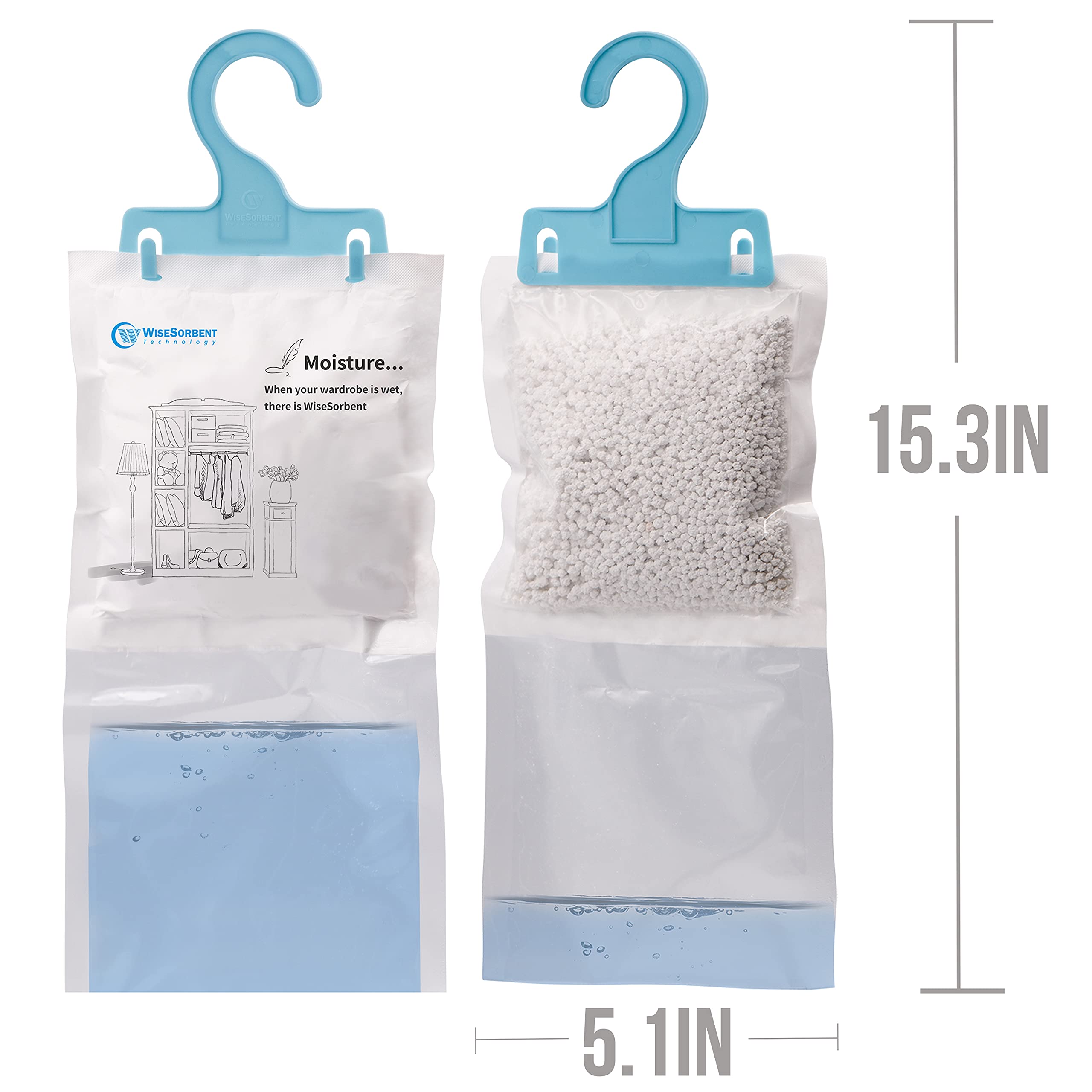 Wisesorb Moisture Absorber Packets with Plastic Case & Hook, Odor Eliminator, Leak Proof, Fragrance Free, Humidity Packs, Hanging Closet Dehumidifier Bags, Moisture Absorber (4 Packs)