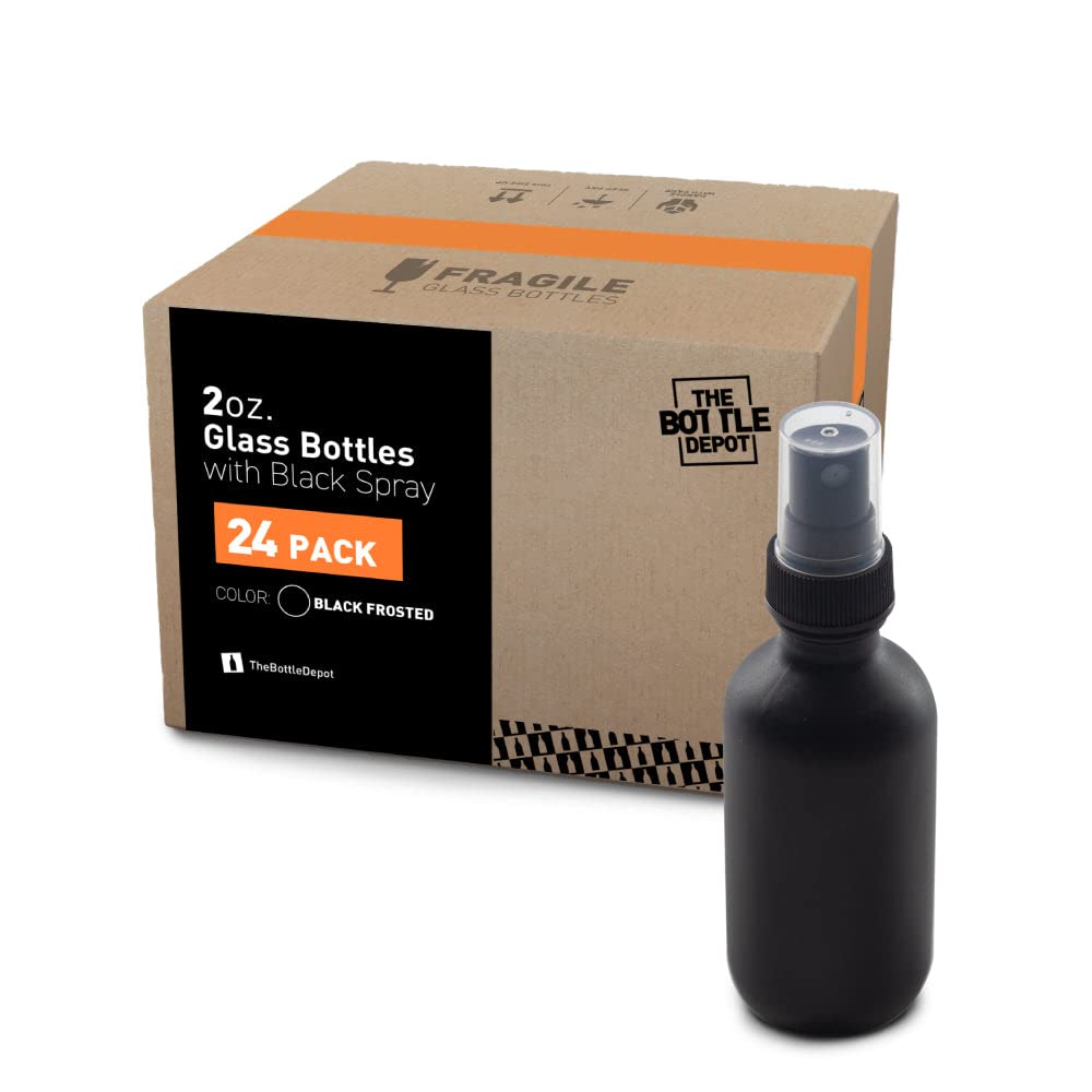 The Bottle Depot - 24 Pack - 2 oz Glass Spray Bottle - Black Frosted - 20-400 Neck Finish - Boston Round Bottles - UV Rays Protection