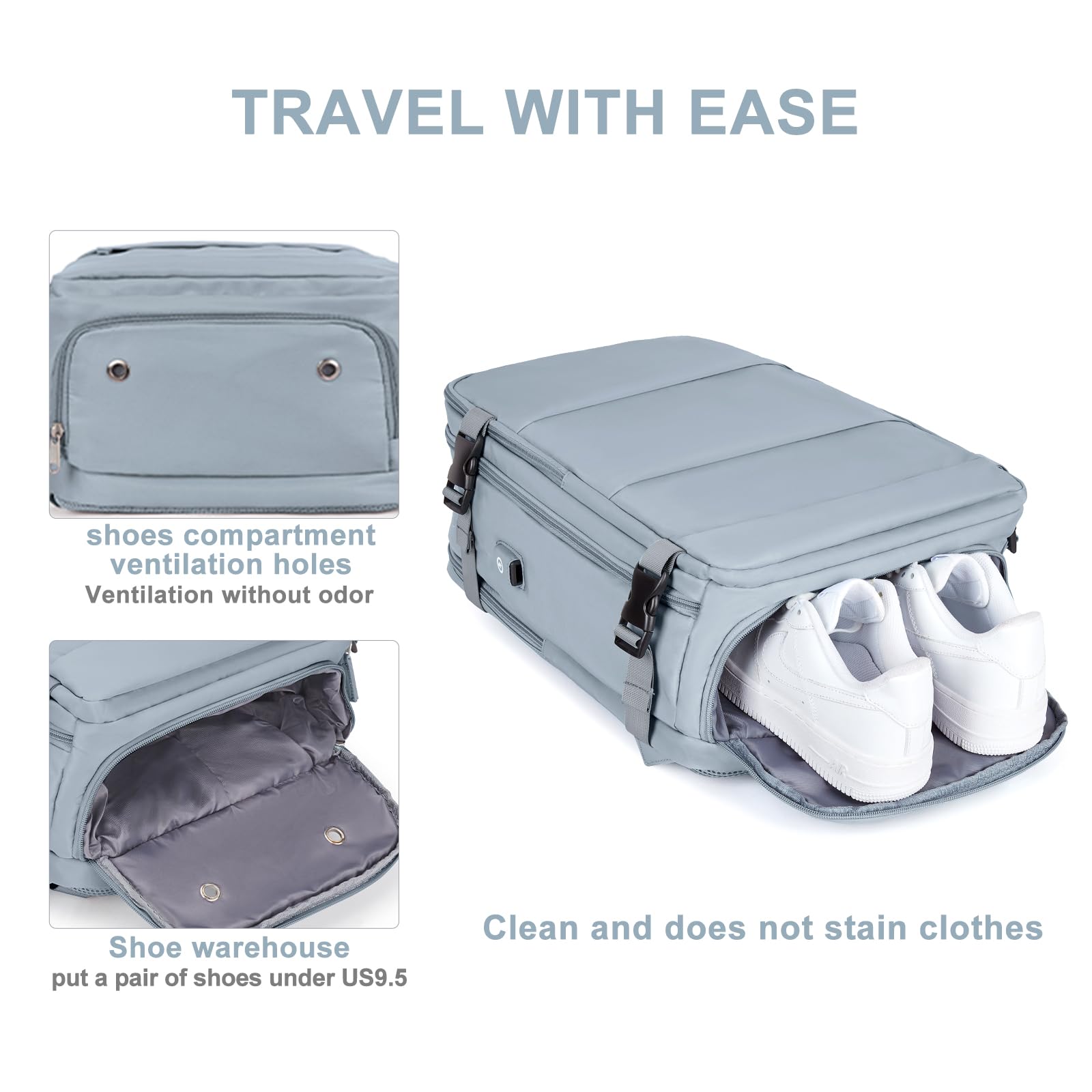 UPPACK Travel Backpack For Women Men Carry On Backpack Flight Approved Gym Bag With Shoe Compartment Hiking Waterproof Laptop Backpack College Essentials Grey Blue