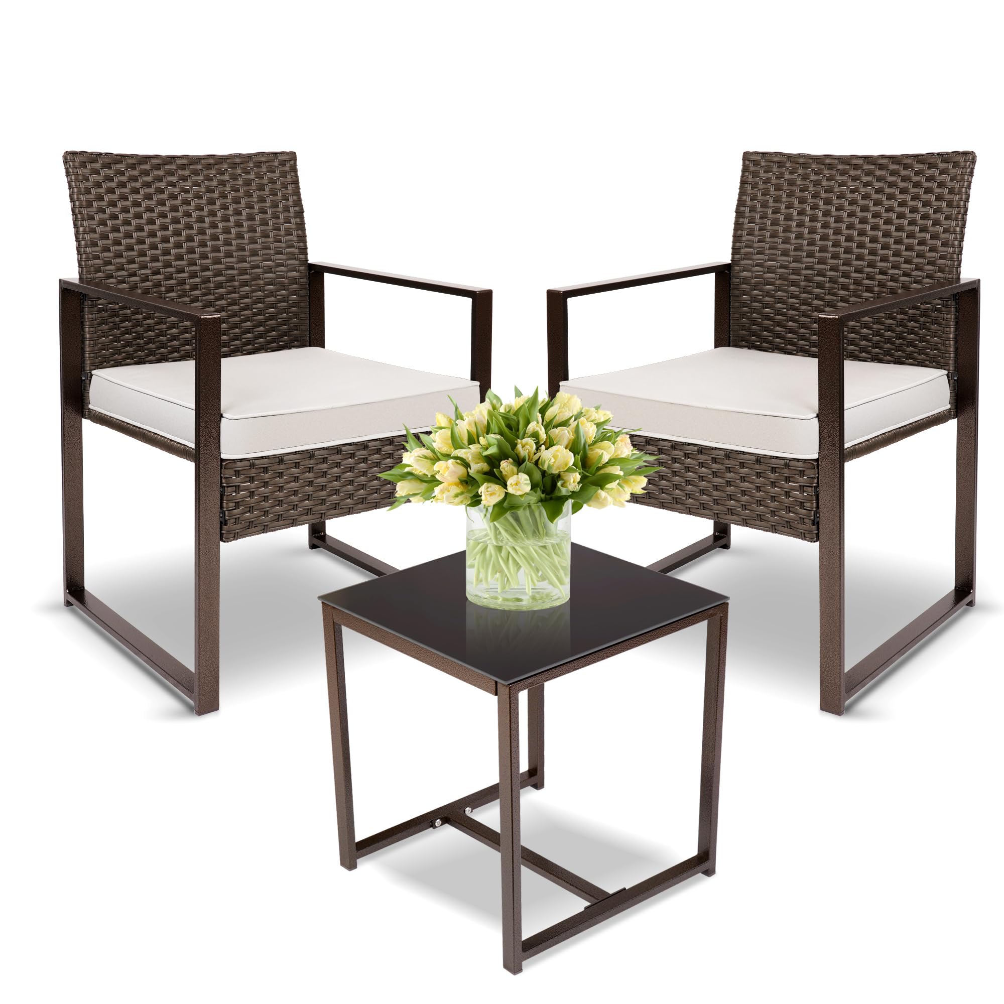 YIYAN Patio Furniture Set 3 Pieces Outdoor Rattan Chair Wicker Sofa Garden Conversation Bistro Sets with Coffee Table,Comfortable Washable Cushions (White)