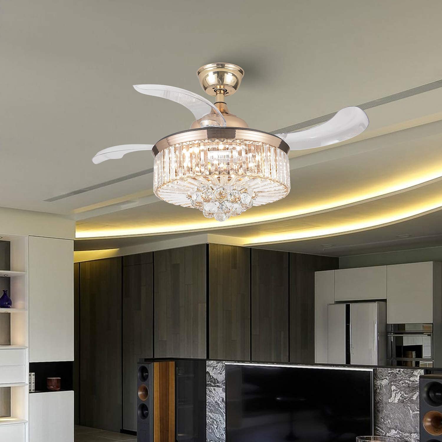 yomay Modern Crystal Chandelier Ceiling Fan with Lights and Remote, Invisible 36 Inch Fandelier LED Light kit with Retractable Blades, Gold