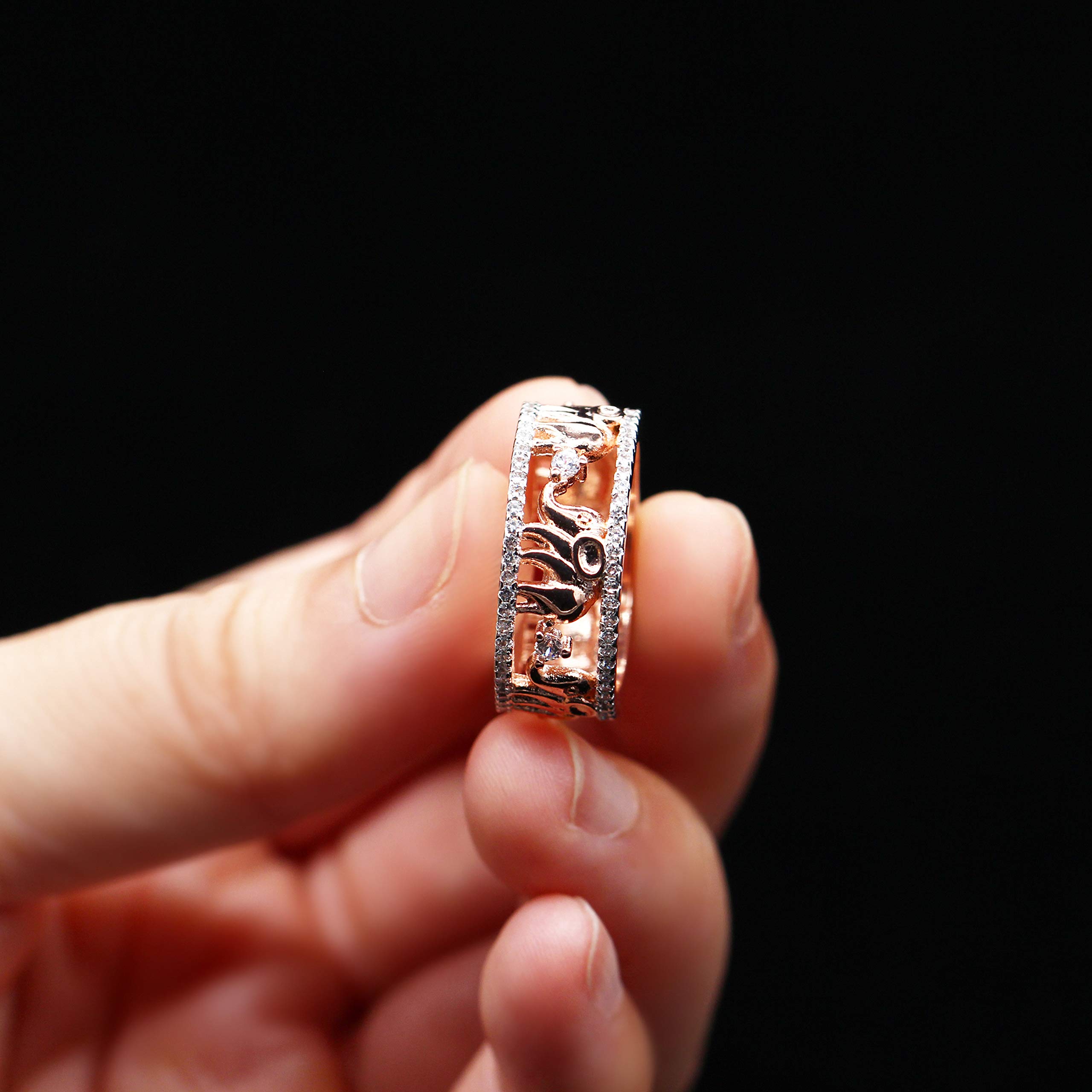 Uloveido Rose Gold Plated Wide Elephant Stackable Band Rings Eternity Animal Ring with 2 Rows of Cubic Zirconia Size 6 RA083