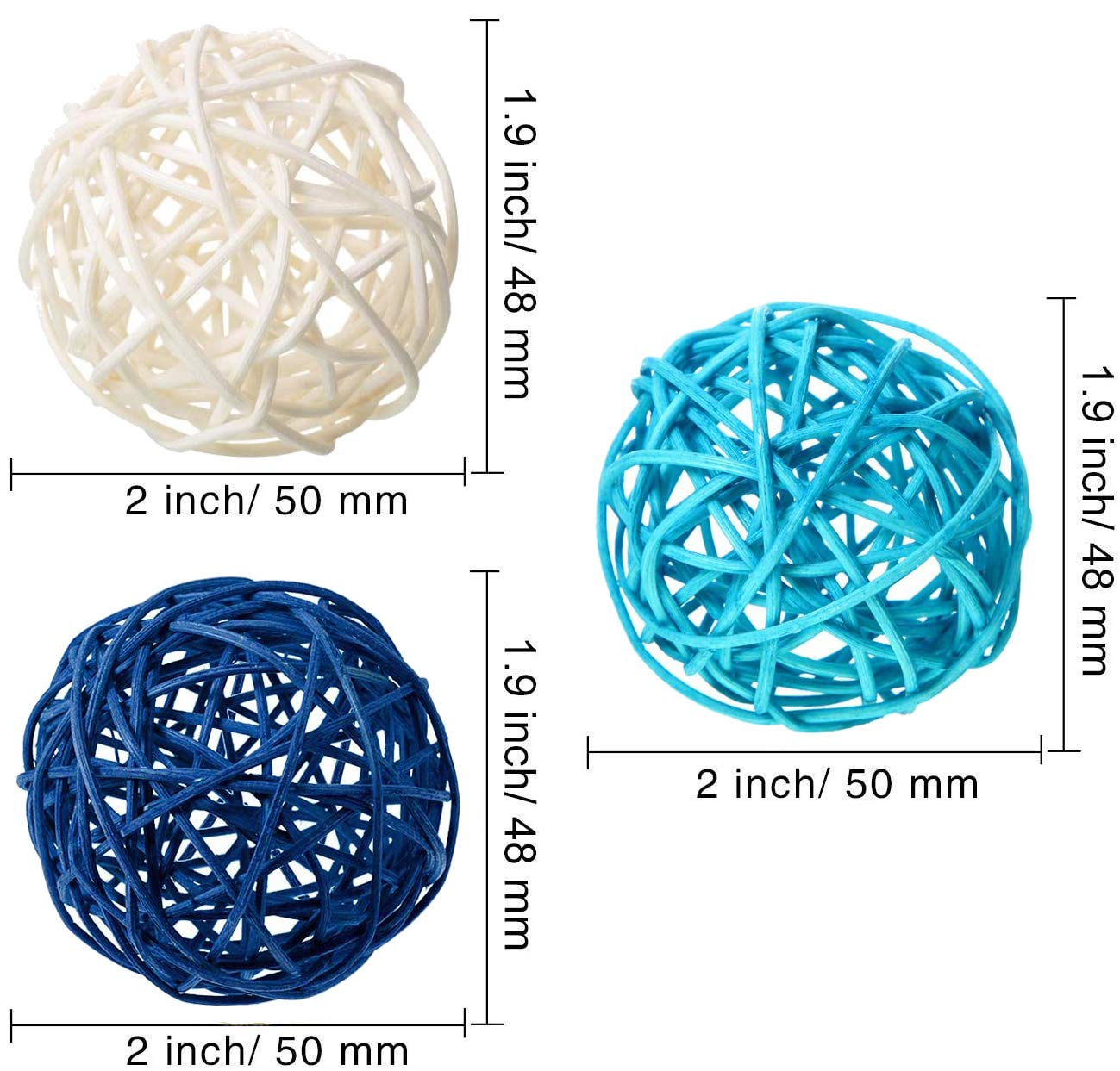 zorpia 15pcs 2 Inch Wicker Rattan Balls for Vase Filler, House Ornament, Christmas Tree Garden Wedding Party Coffee Table Decoration,Craft DIY (Blue Light-Blue White)