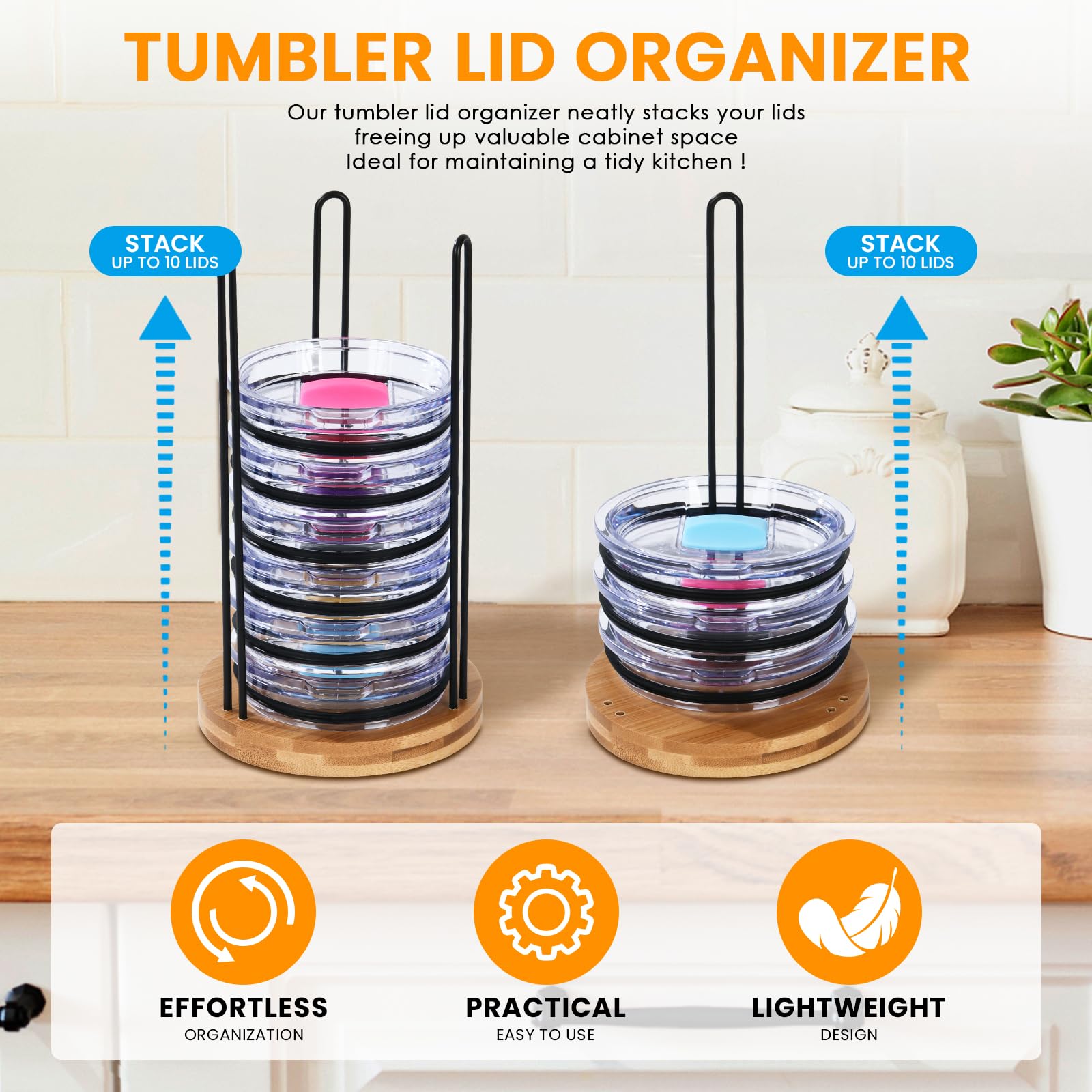 witarten Tumbler Lid Organizer, Detachable Bamboo Cup Lid, Vertical Storage for Up to 10 Lids,Keep Your Tumbler Lids Neatly Stored and Achieve Clutter-Free Cabinets and Countertops Organization