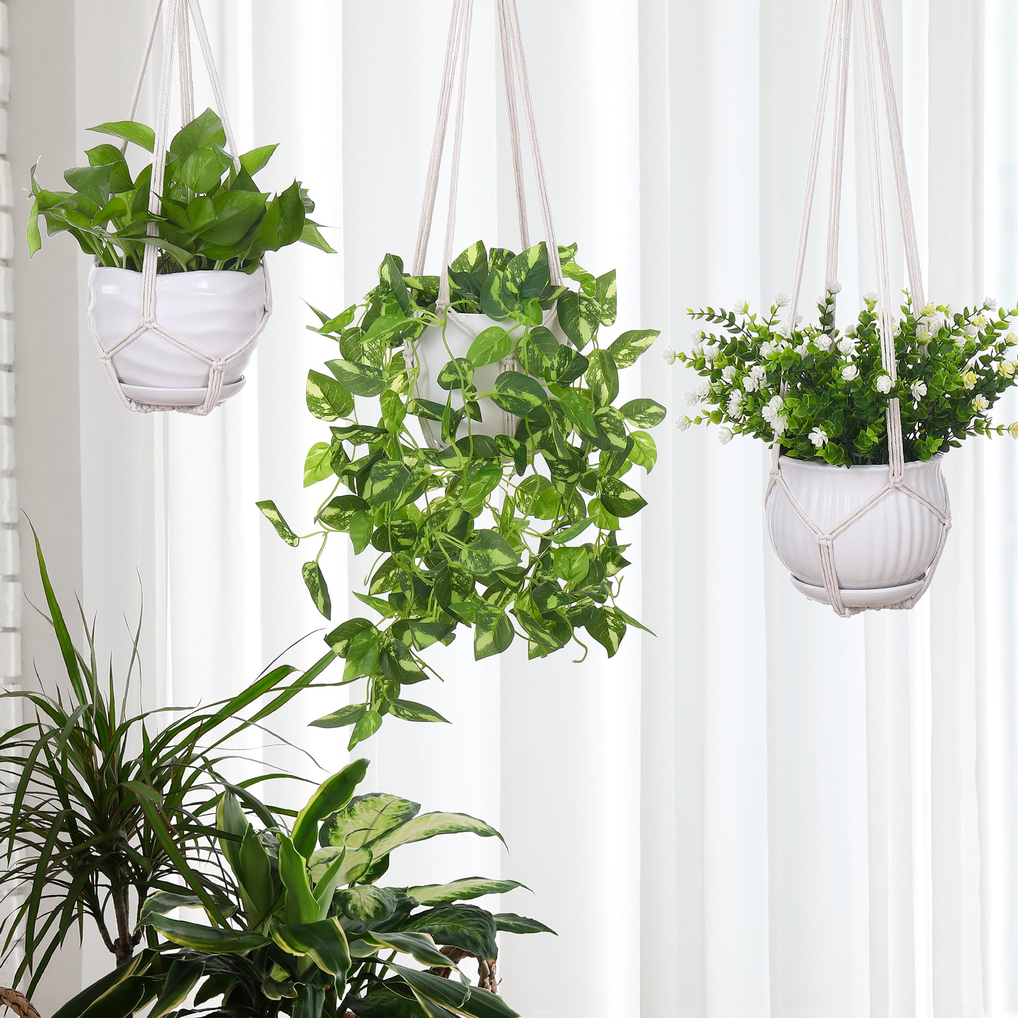 YIBOT 3 Pack Macrame Plant Hanger,35"/29"/23" Plant Hanger Indoor,Handmade Woven Cotton Rope Flower Pot Crochet Plant Holder Stand for Boho Home Decor No Tassels,lIvory