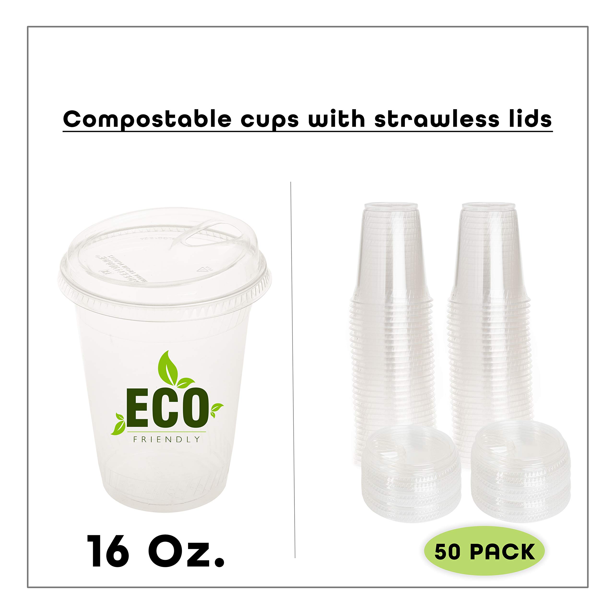 Upper Midland Products 16 0z Compostable Biodegradable Eco Friendly Cups with Strawless Compostable Lids, 50 Pack