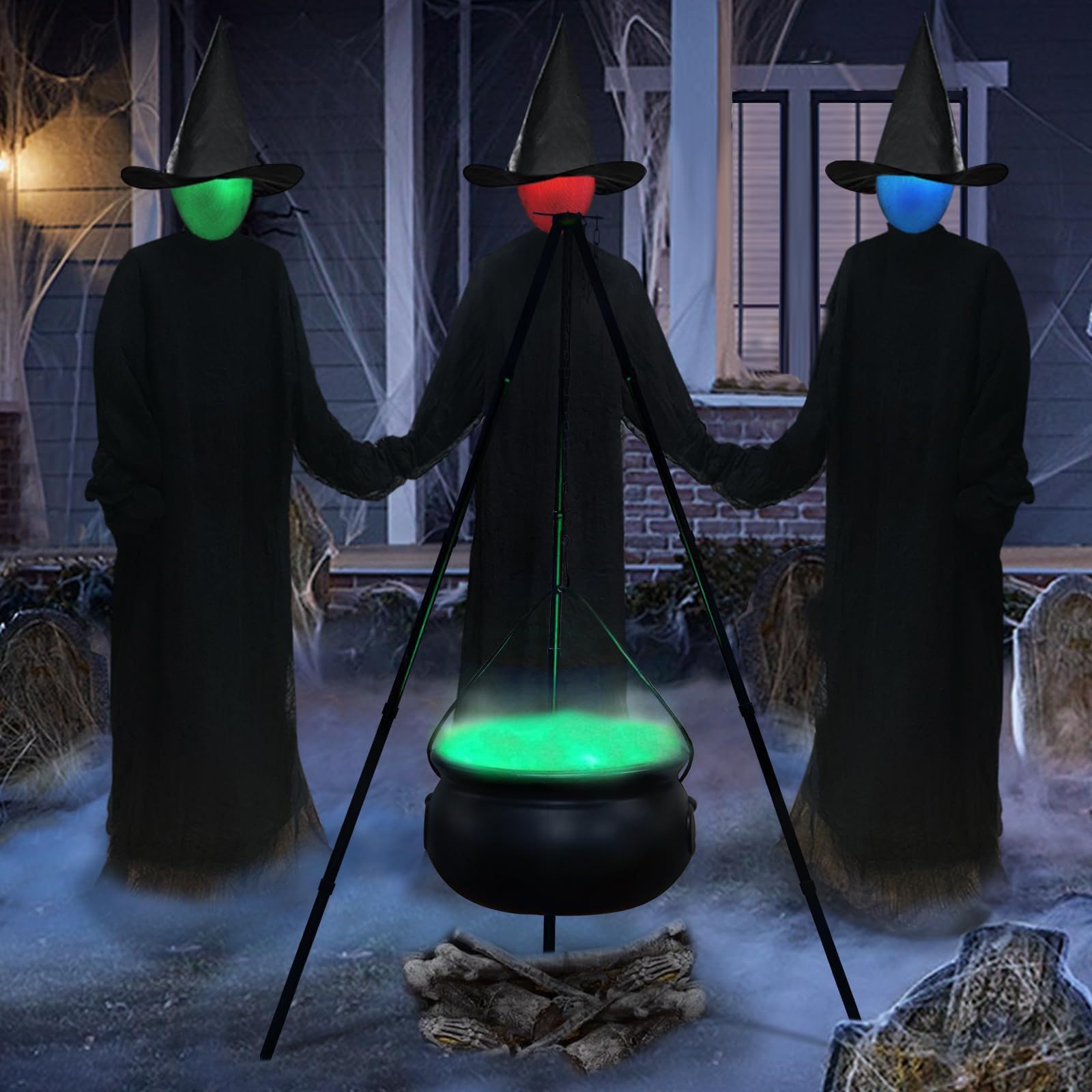 Witches Cauldron, Large Halloween Cauldron Decor On Tripod with Timer Green Lights, Plastic Giant Witch Cauldron Halloween Decorations for Outdoor Porch Yard Lawn Outside (L, Black)