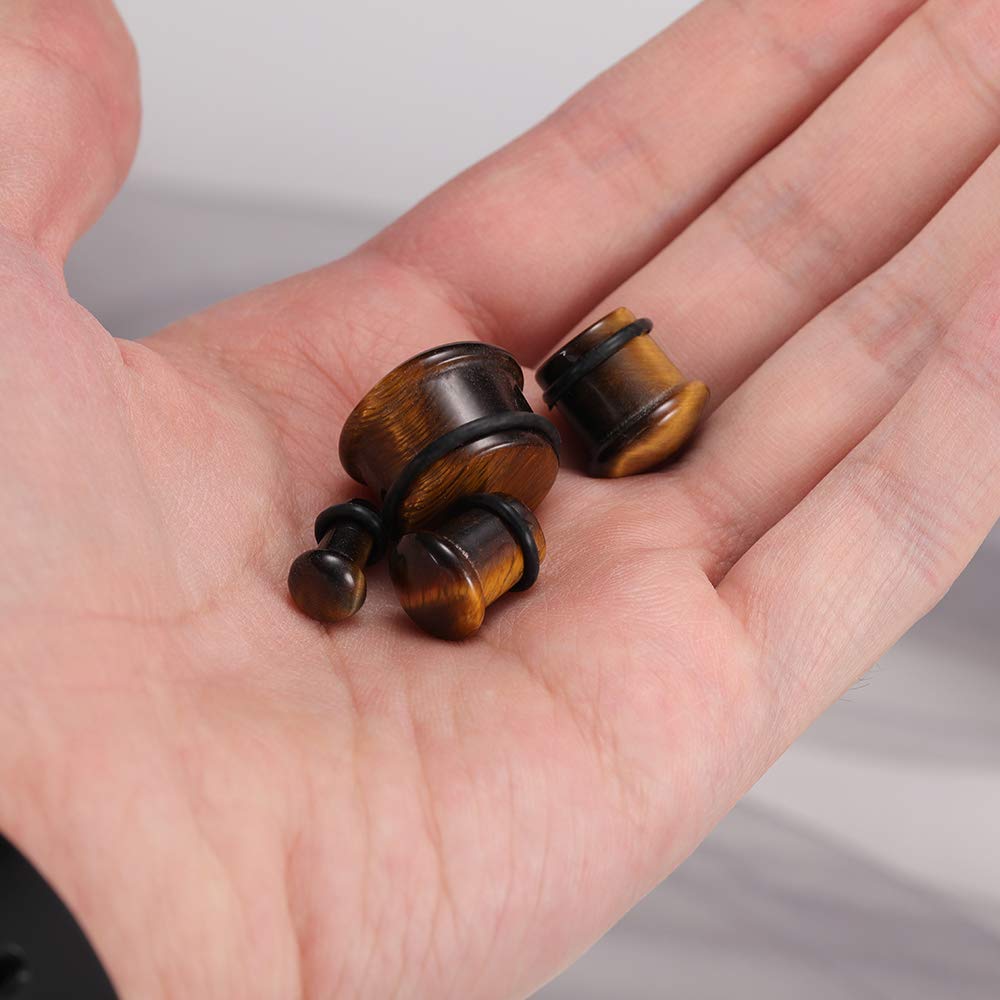 ZS Tiger Eye Natural Stone Brown Ear Plugs Single Flare Ear Gauges Expander with O-Ring Body Piercing (Gauge=7/16"(11mm))