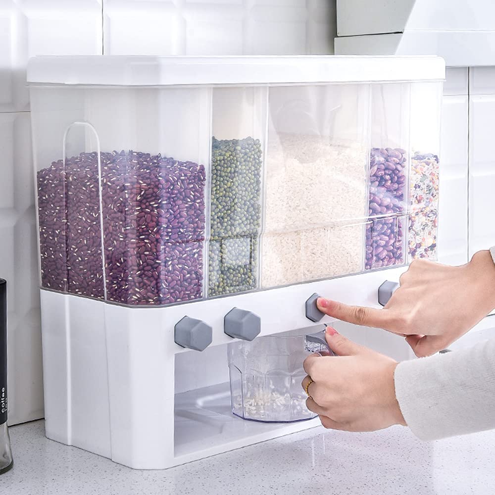 xingxinqi Cereal Dispenser Plastic Clear Dry Food Dispenser with Lid 5 Grid Rice Dispenser Storage Box Rice Bucket Container, White (55B27DSKDFI177WC0541W)