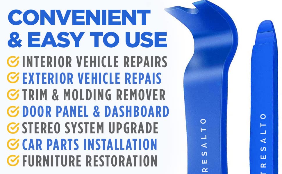 Tresalto Auto Trim Removal Tool Kit - 5pcs (No Scratch Plastic Pry Kit), Door Panel Removal Tool, Car Clips, Push Rivets, Molding, Dashboards, Interior Trim Tools, Blue