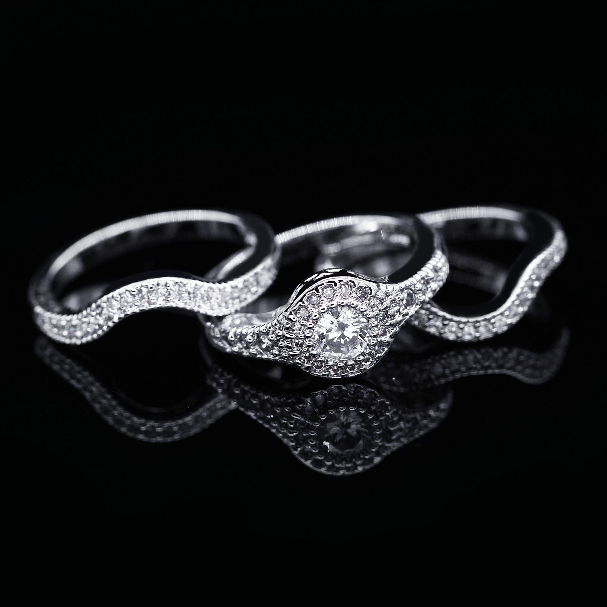 Uloveido White Gold Plated Cubic Zirconia Wedding Ring 3 Sets Stackable Rings Engagement Bridal Band Solitaire Accent RA0346 (Size 7)