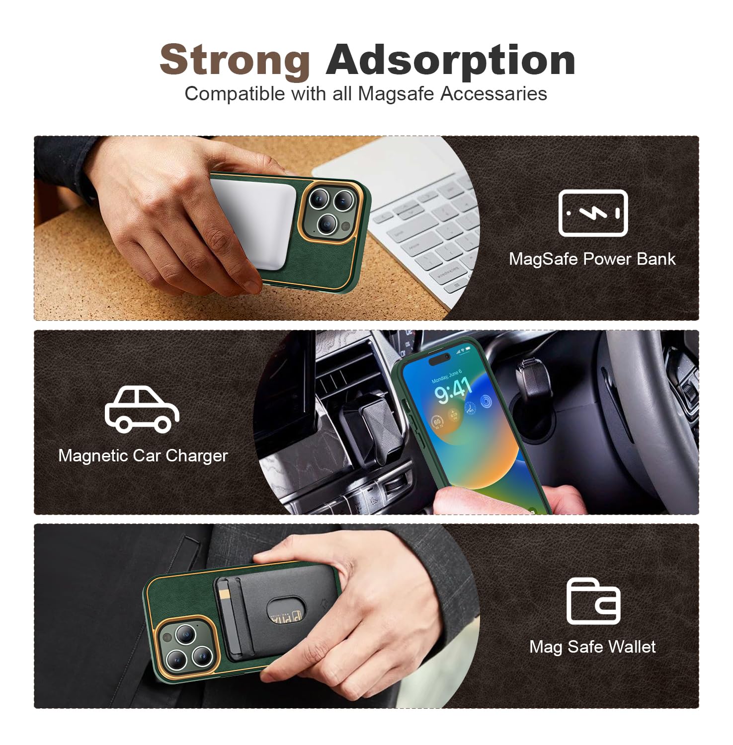 YEMODO for iPhone 14 Pro Case with Magnetic Invisible Ring Stand Leather Business Phone Case Compatible with Magsafe Shockproof Protection Classic Luxury Slim Cover for Women Men,Green