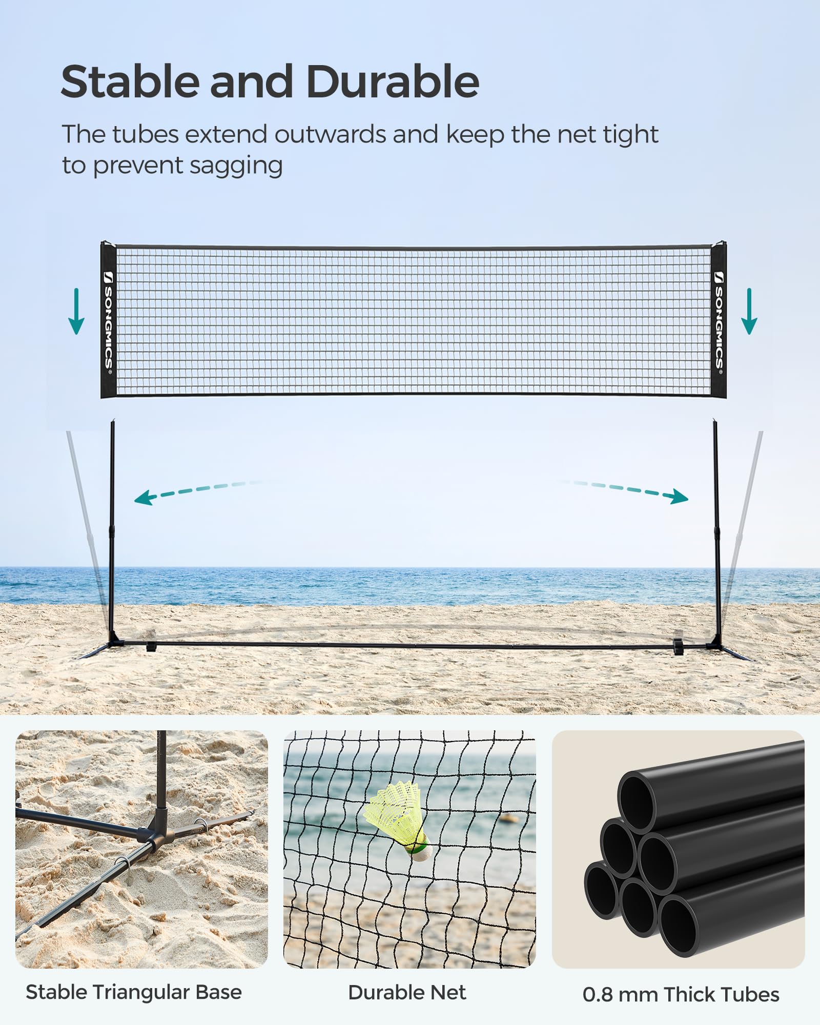 SONGMICS 10 ft Badminton Net, Height Adjustable Volleyball Net, Pickleball Net with Poles, Foldable Nylon Net for Tennis Indoor Outdoor Court, Black USYQ300HV1