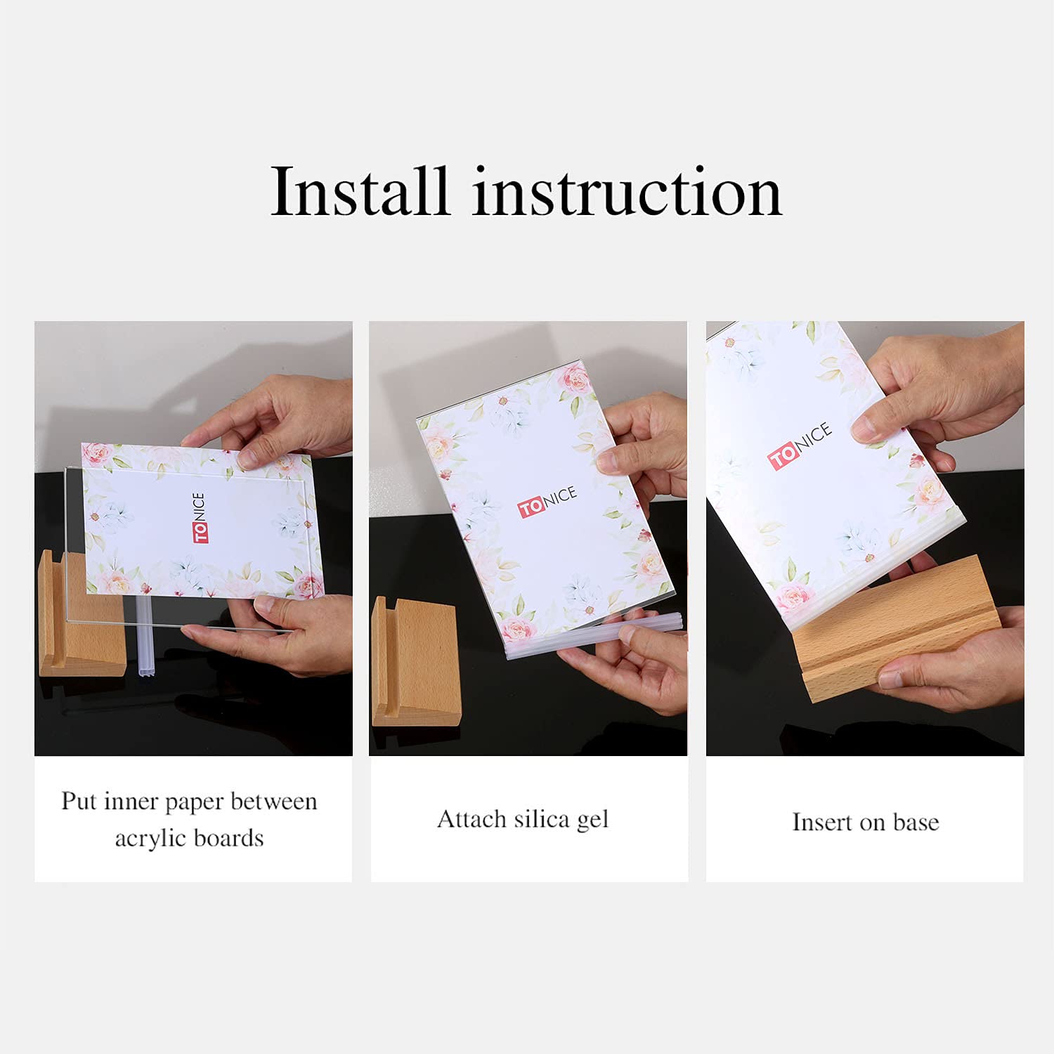 TONICEĀ® 3 Pack 5x7 Acrylic Sign Holder Slant Back Design L Shape Clear Acrylic Frames Wood Base, Table Menu Display Stand Flyer Display for Desk Display (Optional 8.5x11/5x7 Inch L/T Shape)
