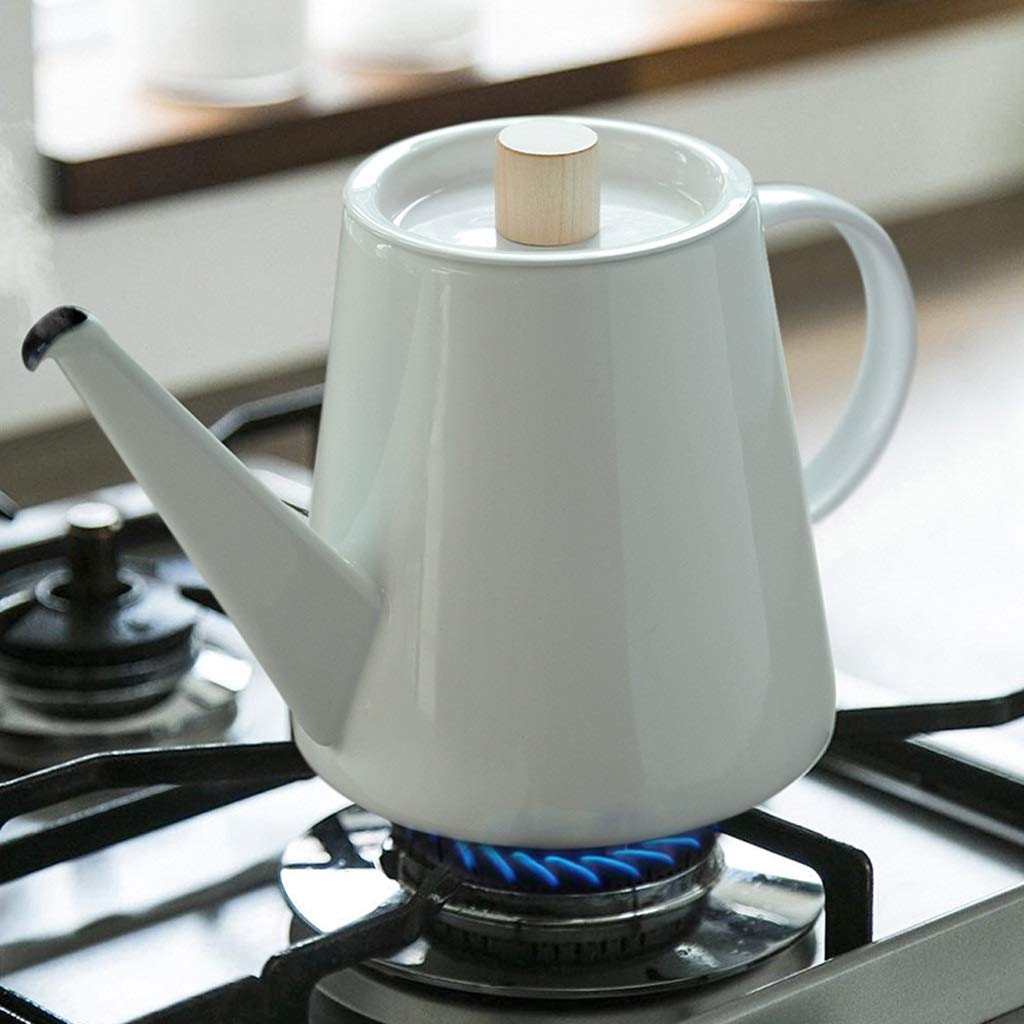 ZNZN White Straight Fire Kettle Enamel Craft Kettle with Wooden Lid. Teapot Suitable for All Stoves (1.3L,43.9OZ) Multifunctional Water Kettle