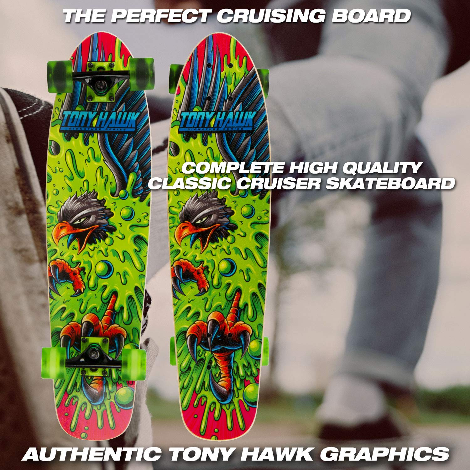 Tony Hawk 31" Complete Cruiser Skateboard, 9-ply Maple Deck Skateboard for Cruising, Carving, Tricks and Downhill, Slime Hawk
