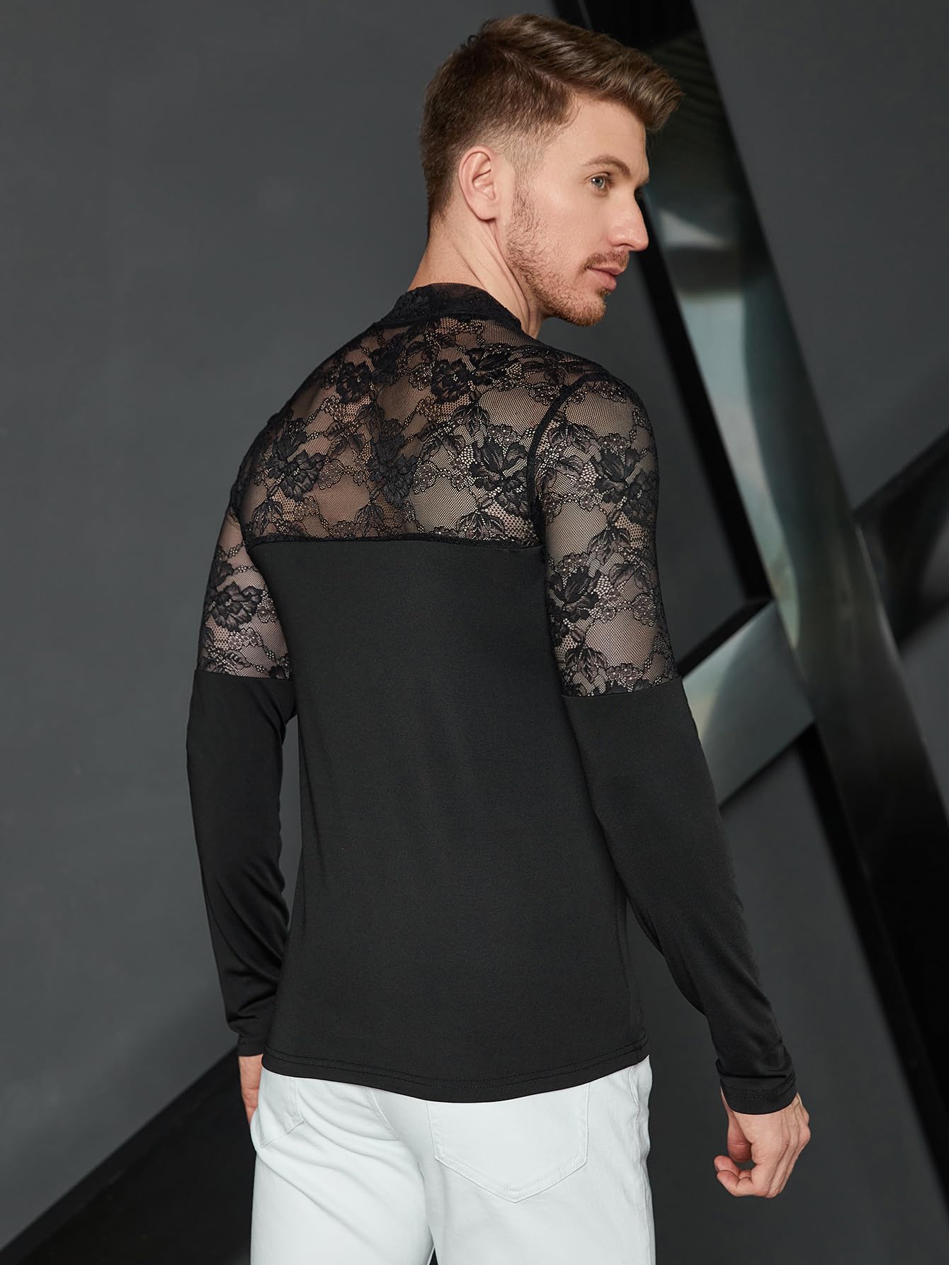 WDIRARA Men's See Through Floral Lace Mock Neck Long Sleeve Casual Tee Shirt Top Black XL