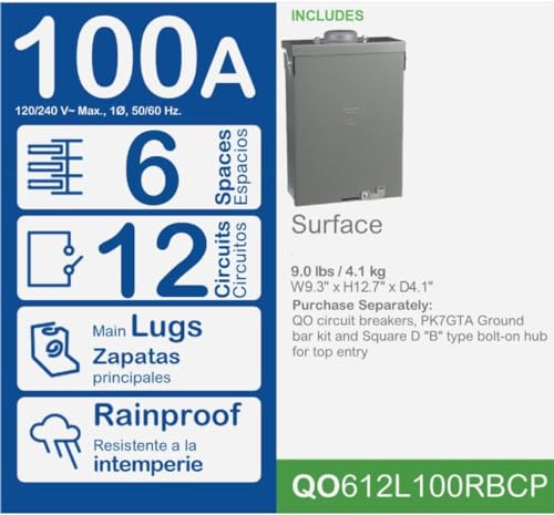 Square D - QO612L100RBCP QO 100 Amp 6-Space 12-Circuit Outdoor Main Lugs Load Center with Cover