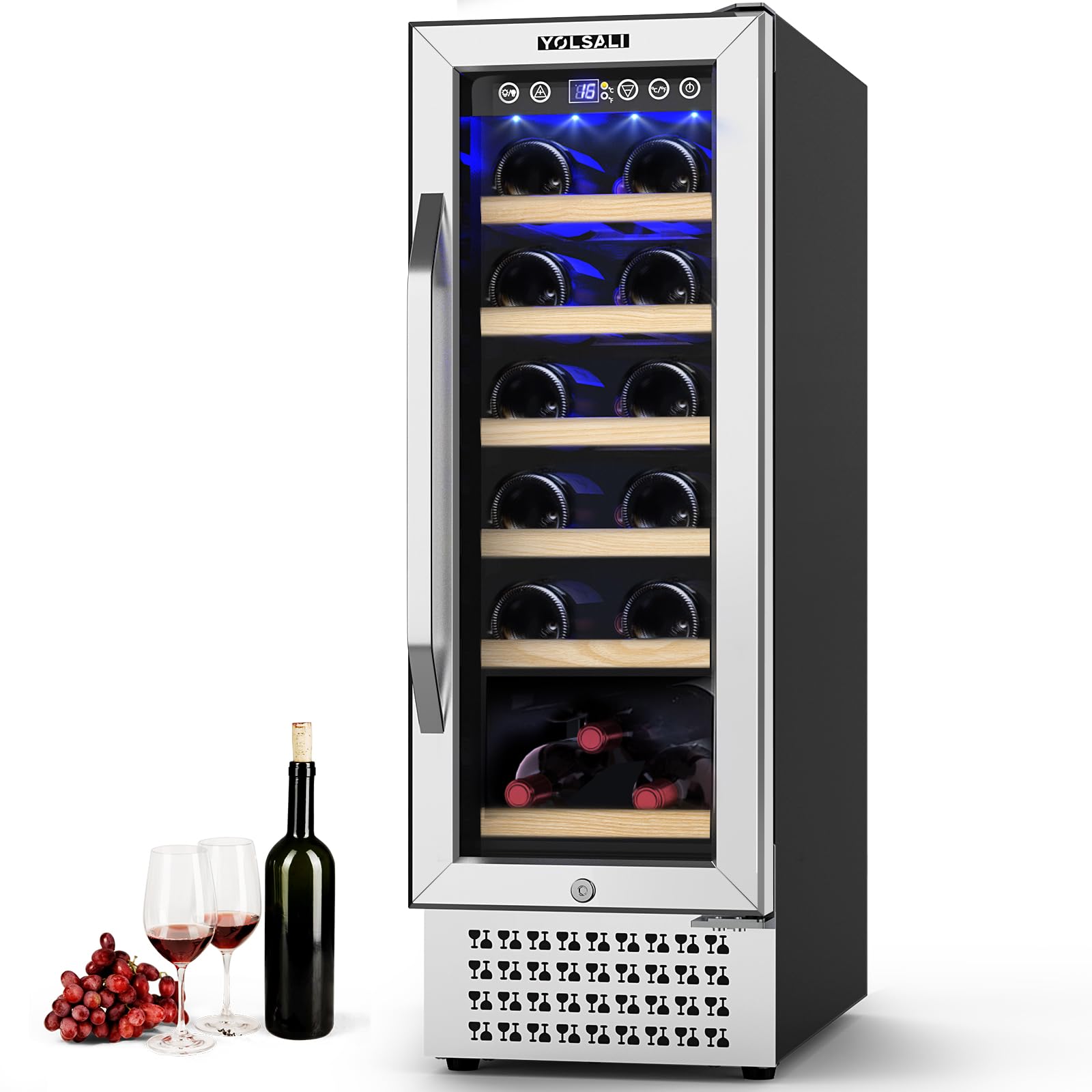 Yolsali 12 Inch Wine Cooler Refrigerators, Wine refrigerator, 18 Bottle Fast Cooling Low Noise and No Fog Wine Fridge, Digital Temperature Control Screen Built-in Freestanding