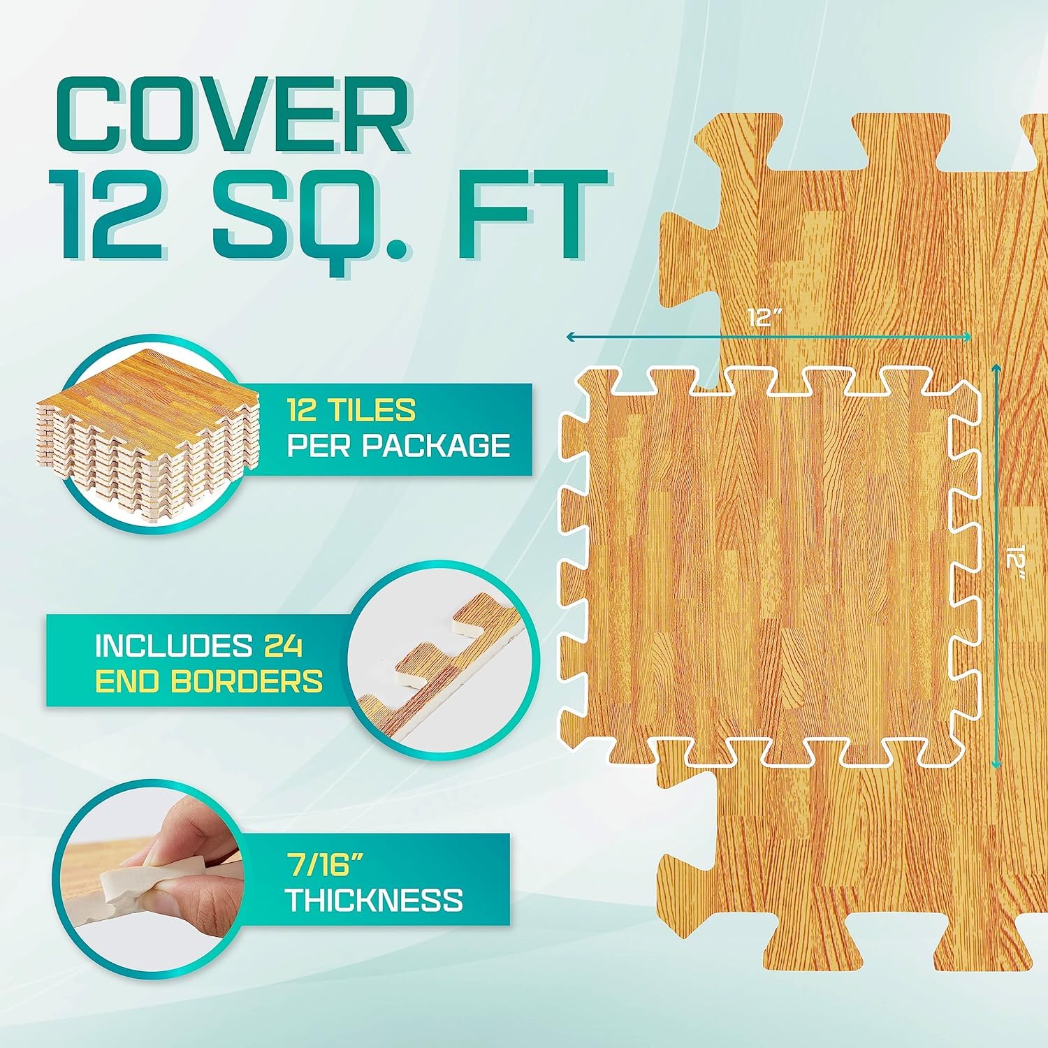 Yes4All Interlocking Floor Mats with Border – Foam, Gym Floor Mats with EVA Interlocking Tiles (12 Square Feet – Oak Wood Light – 12 Tiles)