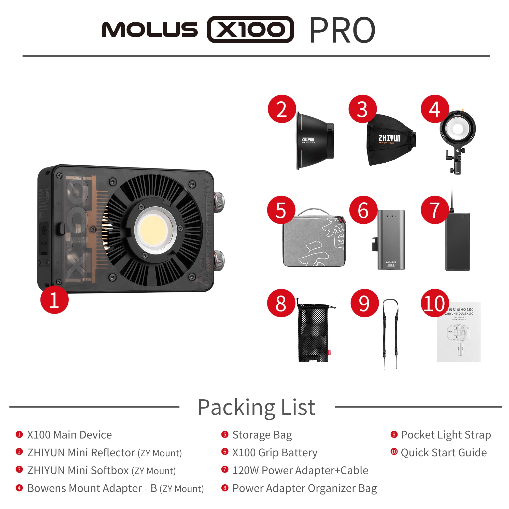 Zhiyun MOLUS X100 LED Video Light,Portable 100W 2700K-6500K CRI 95+ TLCI 97+ with Bluetooth App Brightness Control,PRO