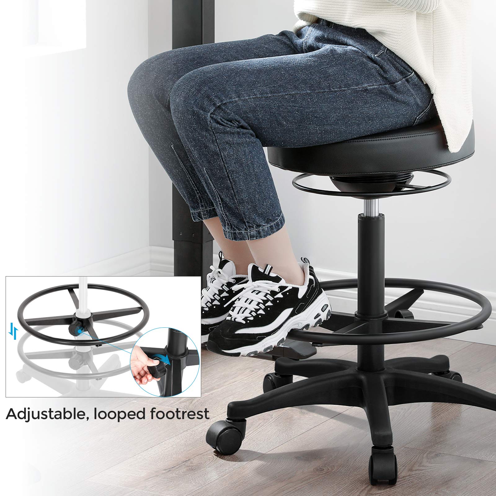 SONGMICS Office Stool Chair, Rolling Standing Stool, Ergonomic Wobble Stool with Adjustable Footrest, Swivel Adjustable Drafting Stool, 23.4-31.9 Inches, Black UOSC007B01