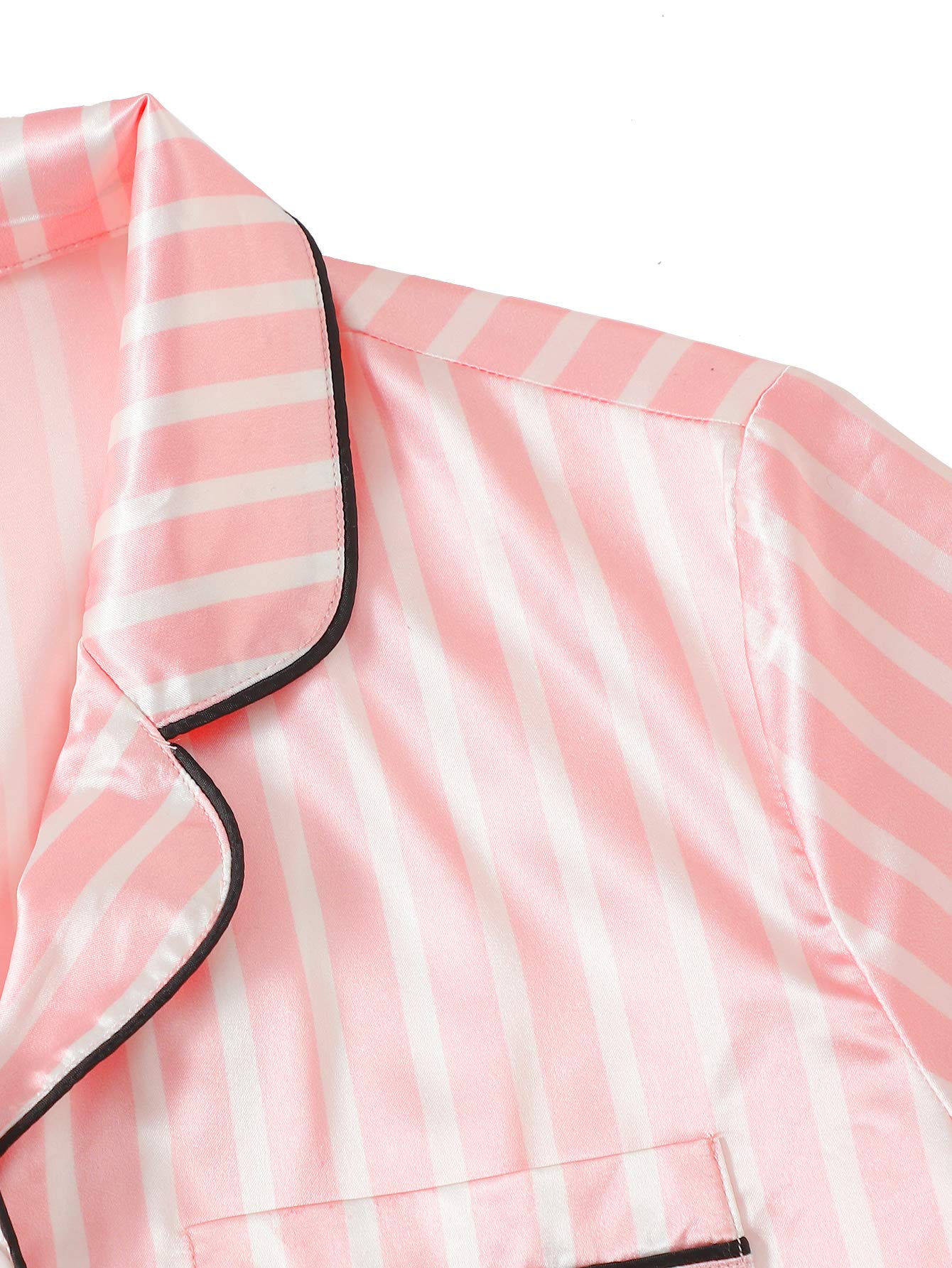 WDIRARA Women's Satin Sleepwear Short Sleeve Button Shirt and Shorts Pajama Set Silky PJ Striped Pink M