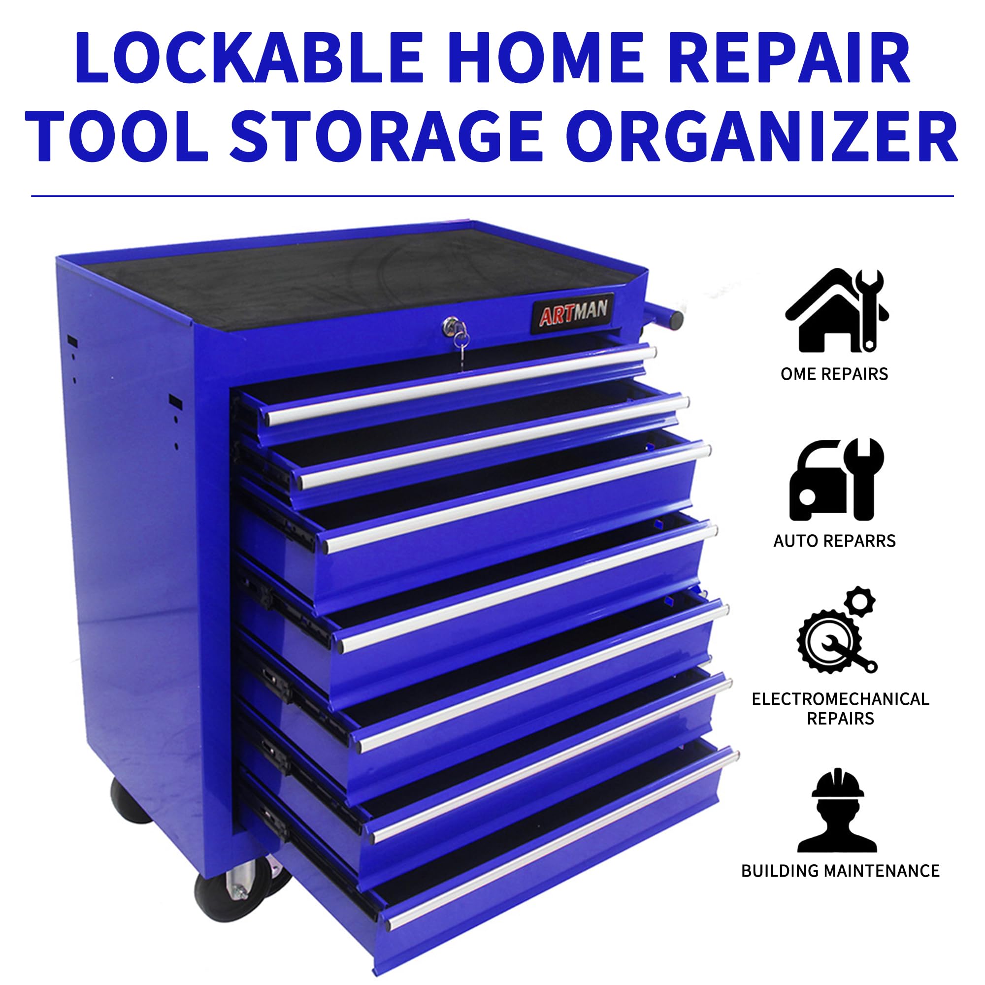 Tool Cart on Wheels 24.2in,7 Drawers Rolling Tool Box,Locked Drawers Storage Organizer Cabinet for Garage, Warehouse, Repair Shop, Workshop