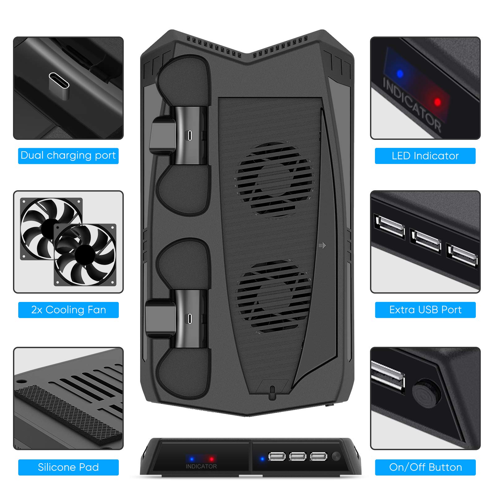 YUANHOT Vertical Cooling Stand Compatible with PS5 Console, Charging Station Dock with Dual Controller Charger Ports and Cooling Fan System